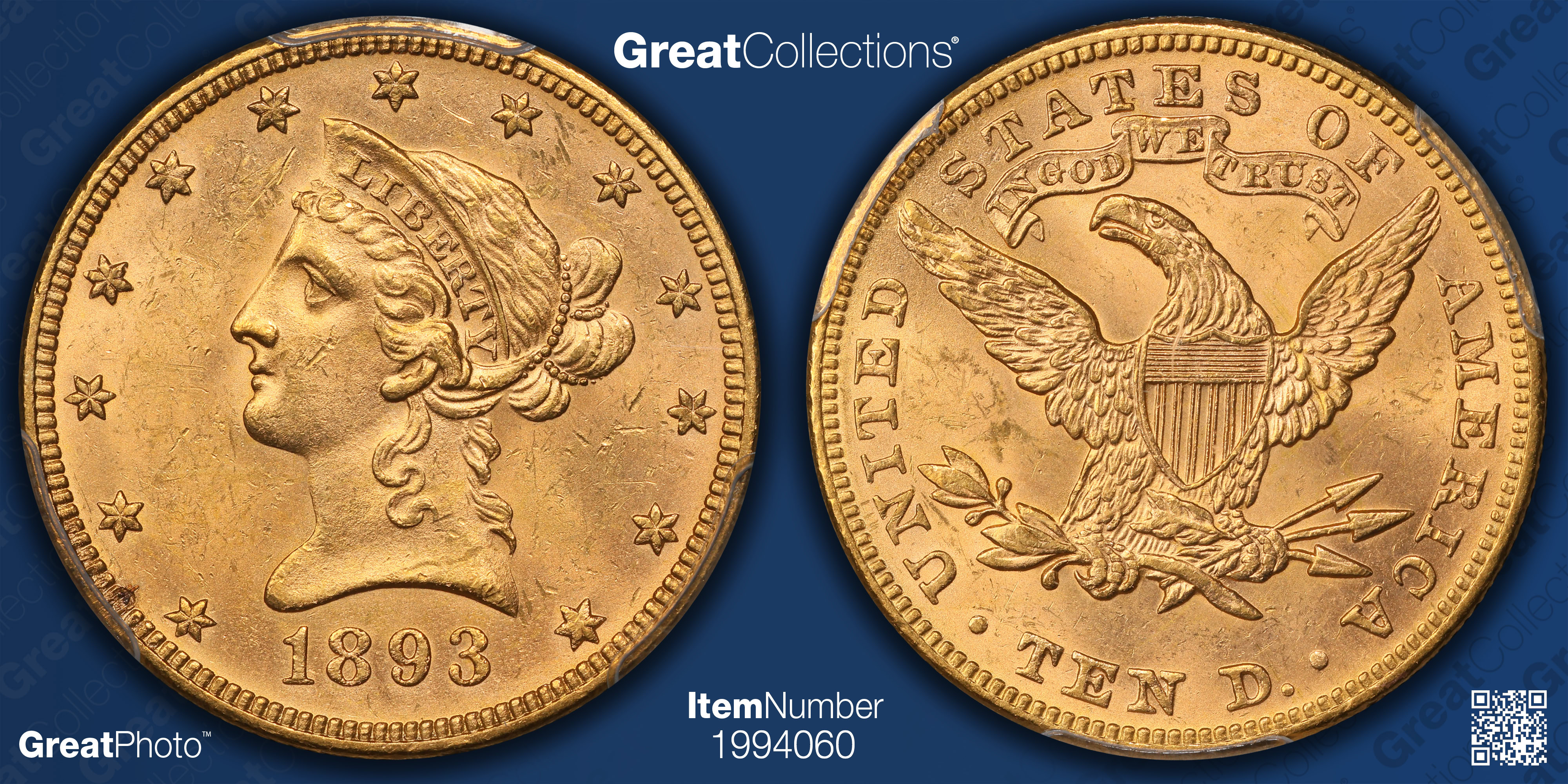 1893 Liberty Gold Eagle PCGS MS-63 (Item 1994060) | GreatCollections ...