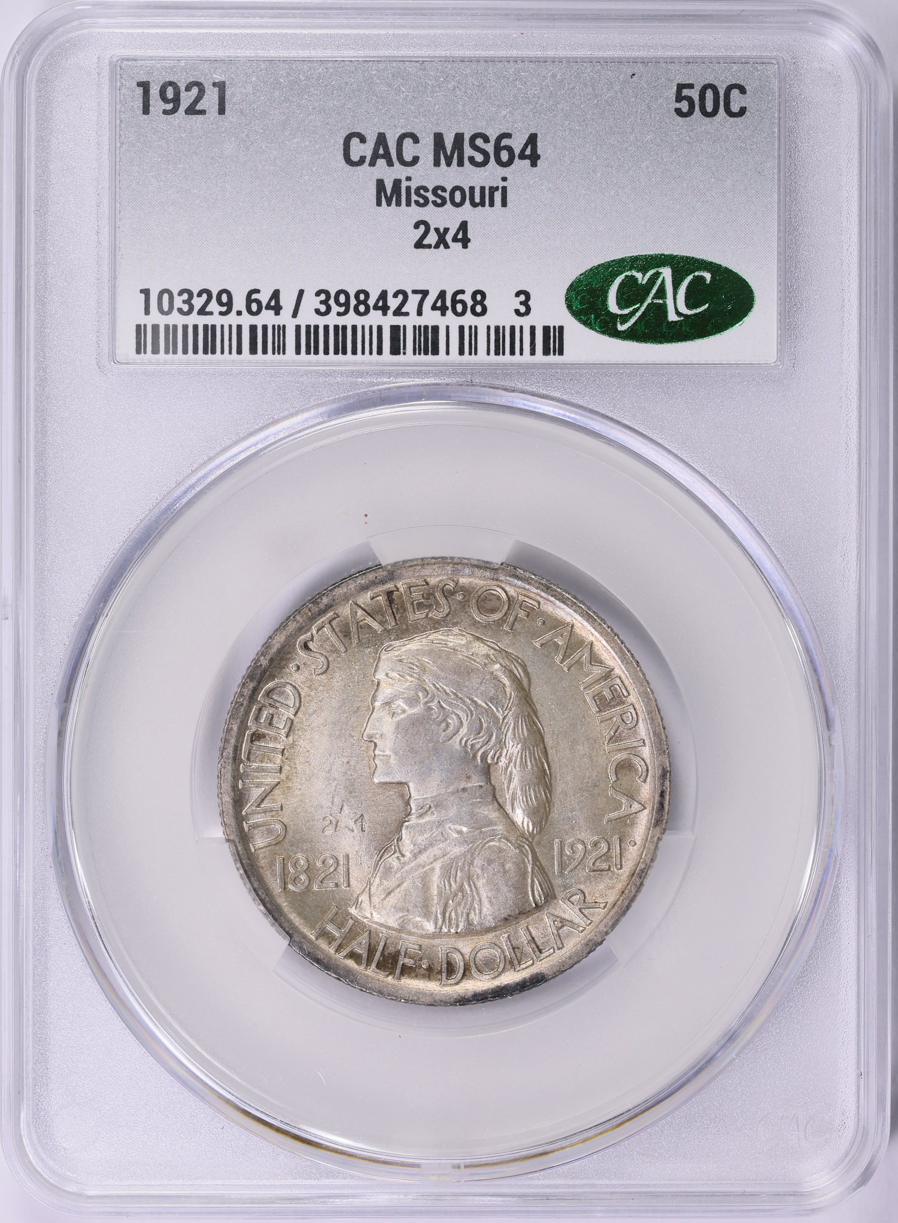 1921 Missouri Centennial Half Dollar 2x4 CACG MS-64 (Toned) (Item ...