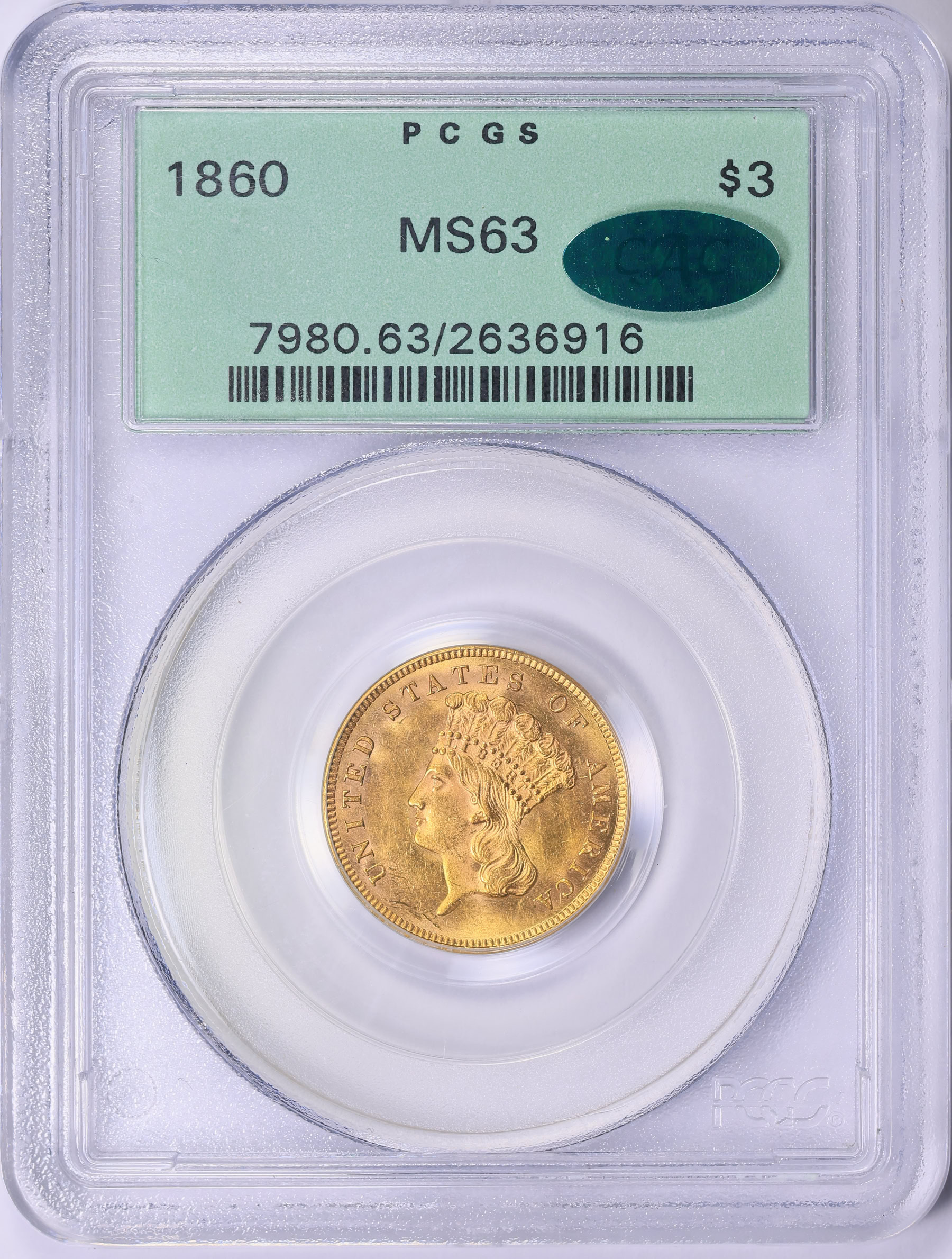 1860 Three-Dollar Gold Piece PCGS MS-63 (CAC Green) OGH (Item 1994586 ...