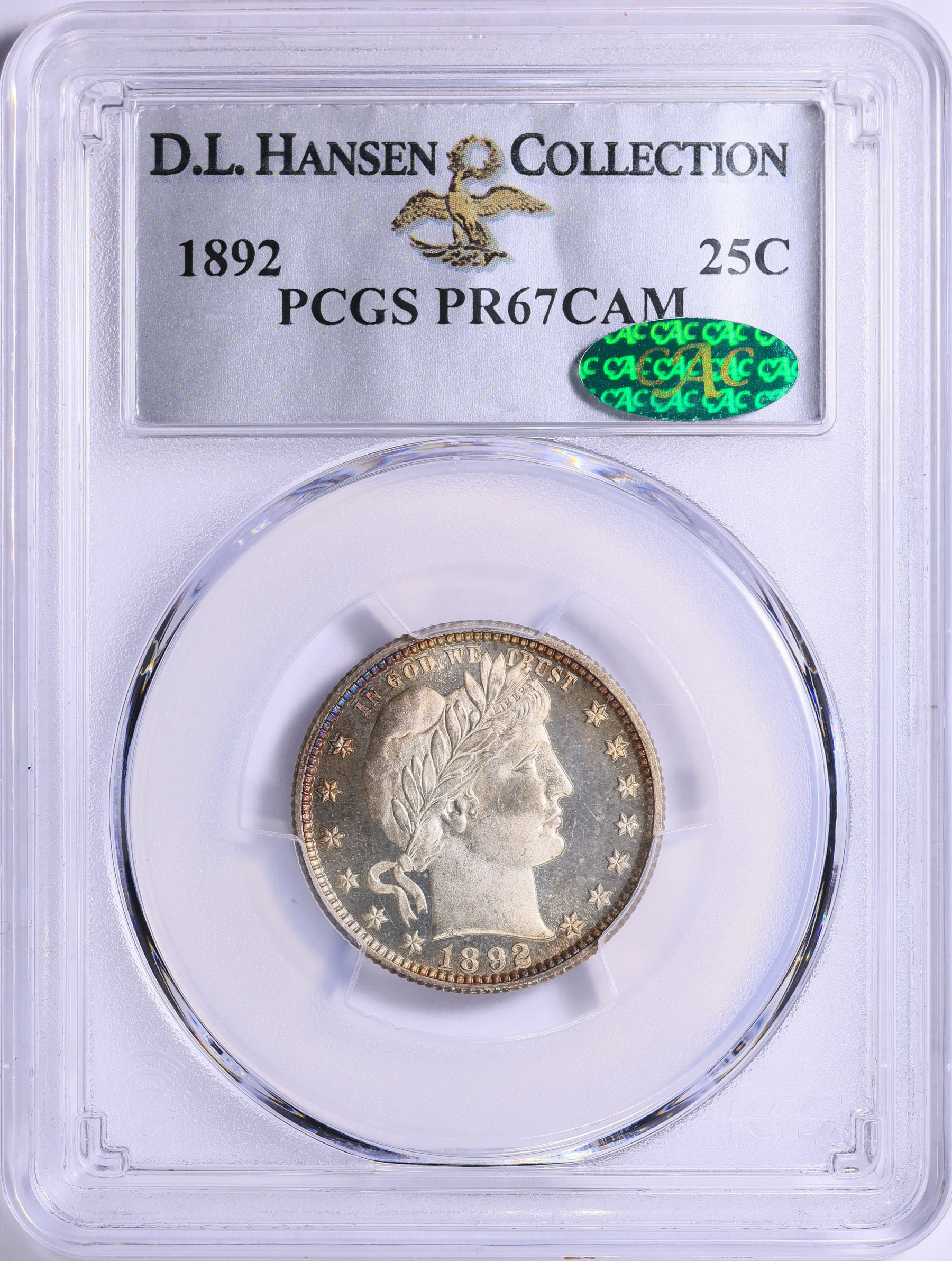 1892 Barber Quarter PCGS Proof-67 CAMEO (CAC Green) (Toned) (D.L ...