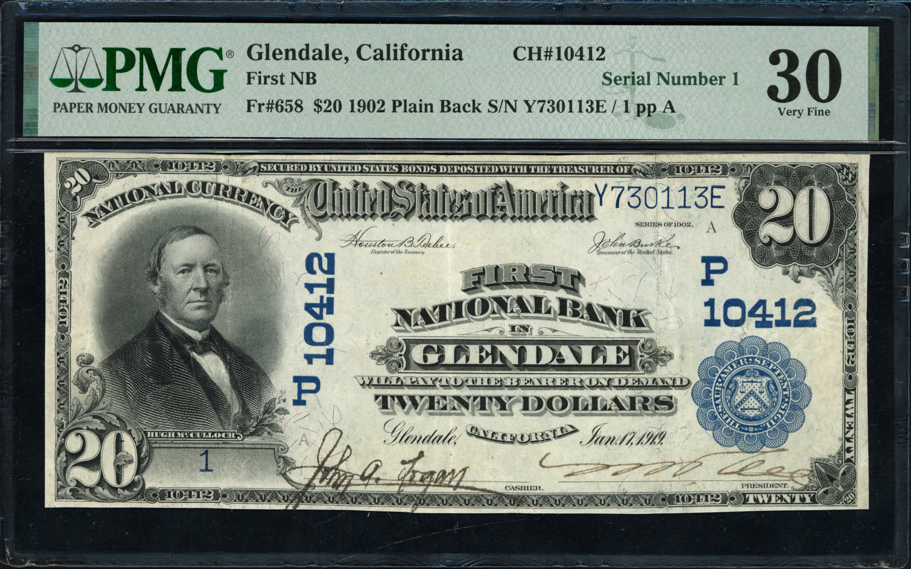 Fr. 658 Glendale, California 1902 $20 Plain Back Note *Serial Number 1 ...