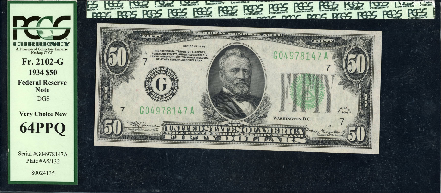 Fr. 2102-G (GA Block) 1934 $50 Chicago Federal Reserve Note Julian ...