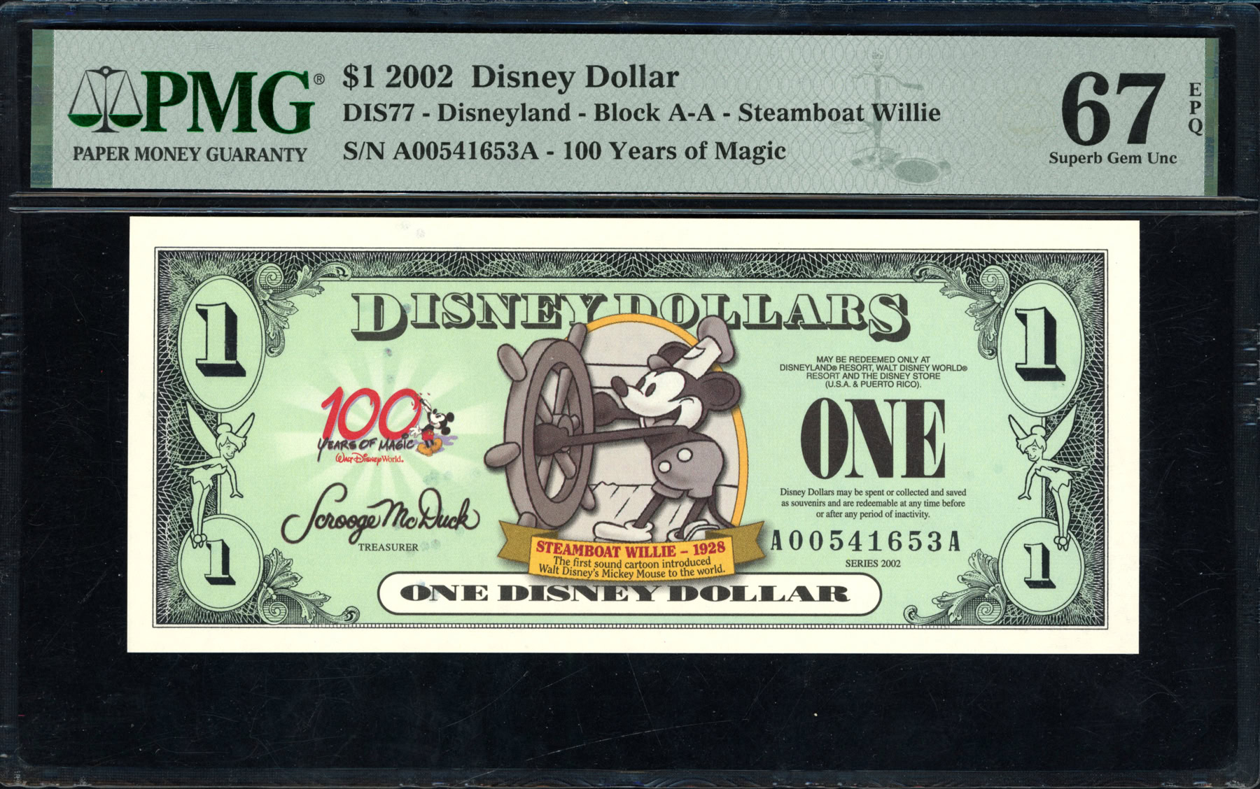 2002 Disneyland $1 Disney Dollar Steamboat Willie / 100 Years of Magic ...