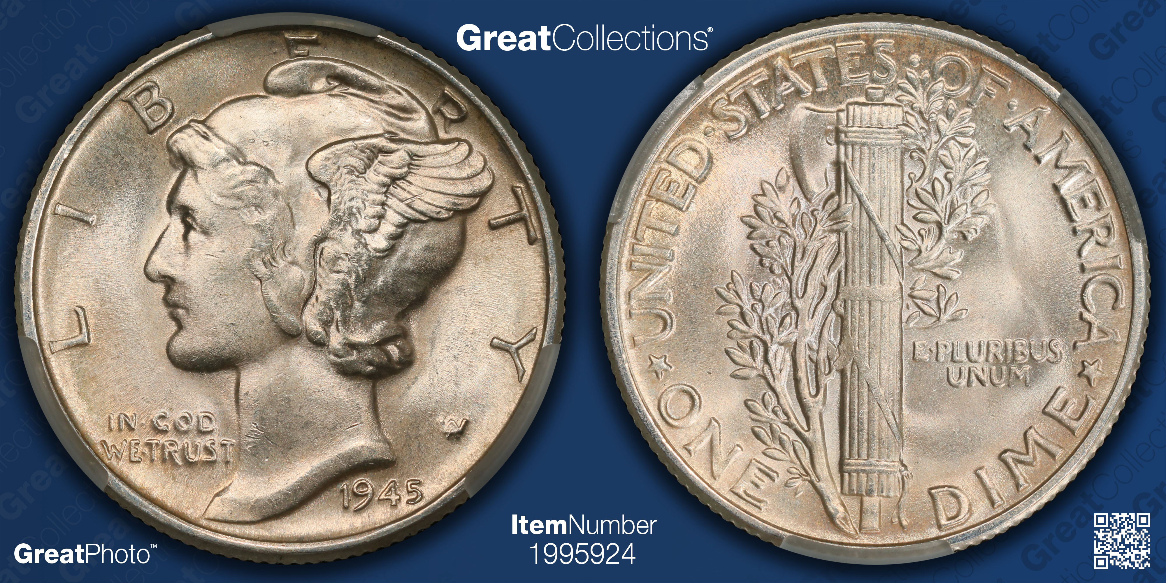 1945 Mercury Dime CACG MS-64 (Item 1995924) | GreatCollections Coin ...