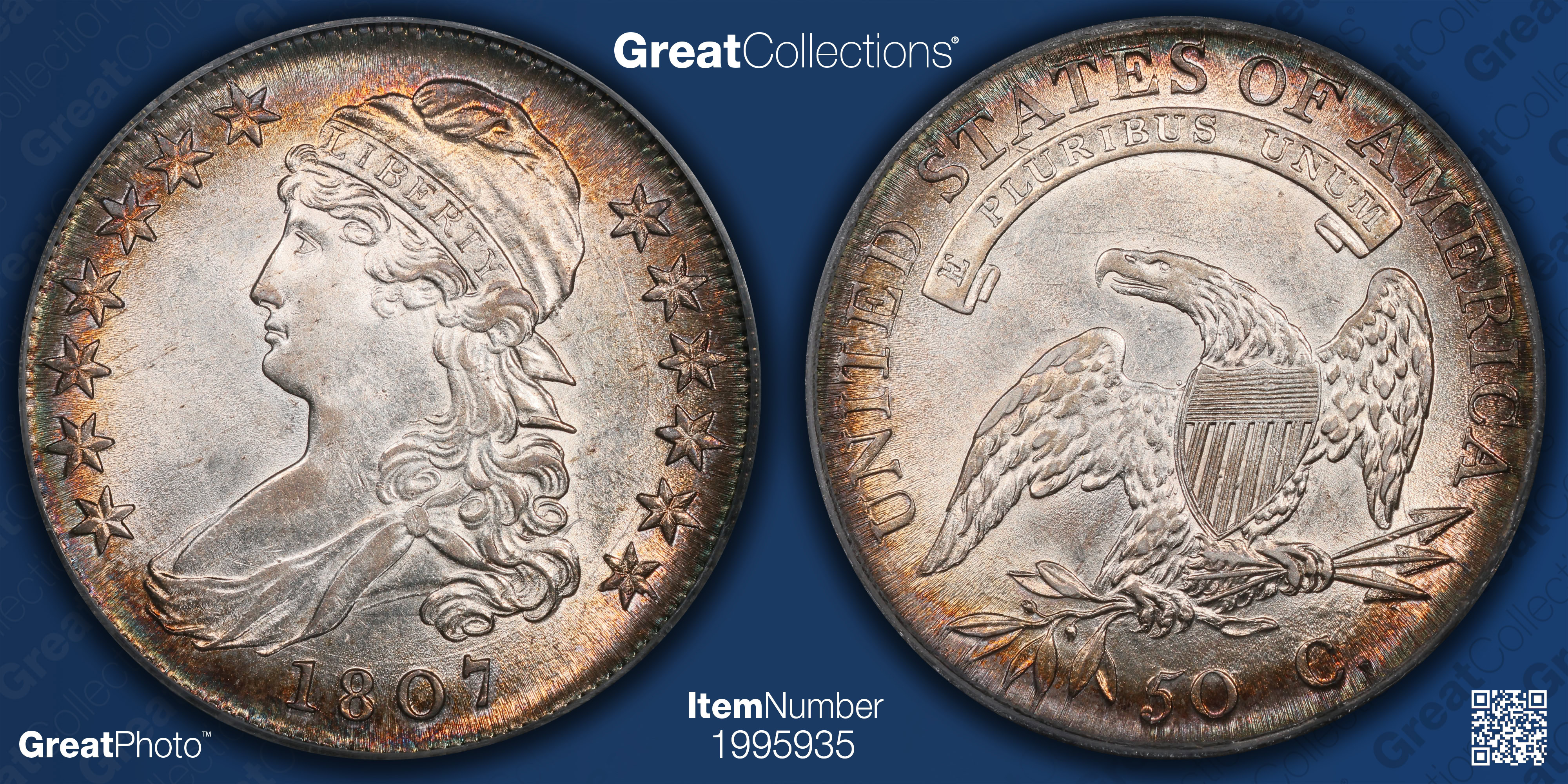 1807 Capped Bust Half Dollar Large Stars, 50/20 PCGS AU-58 (Toned ...