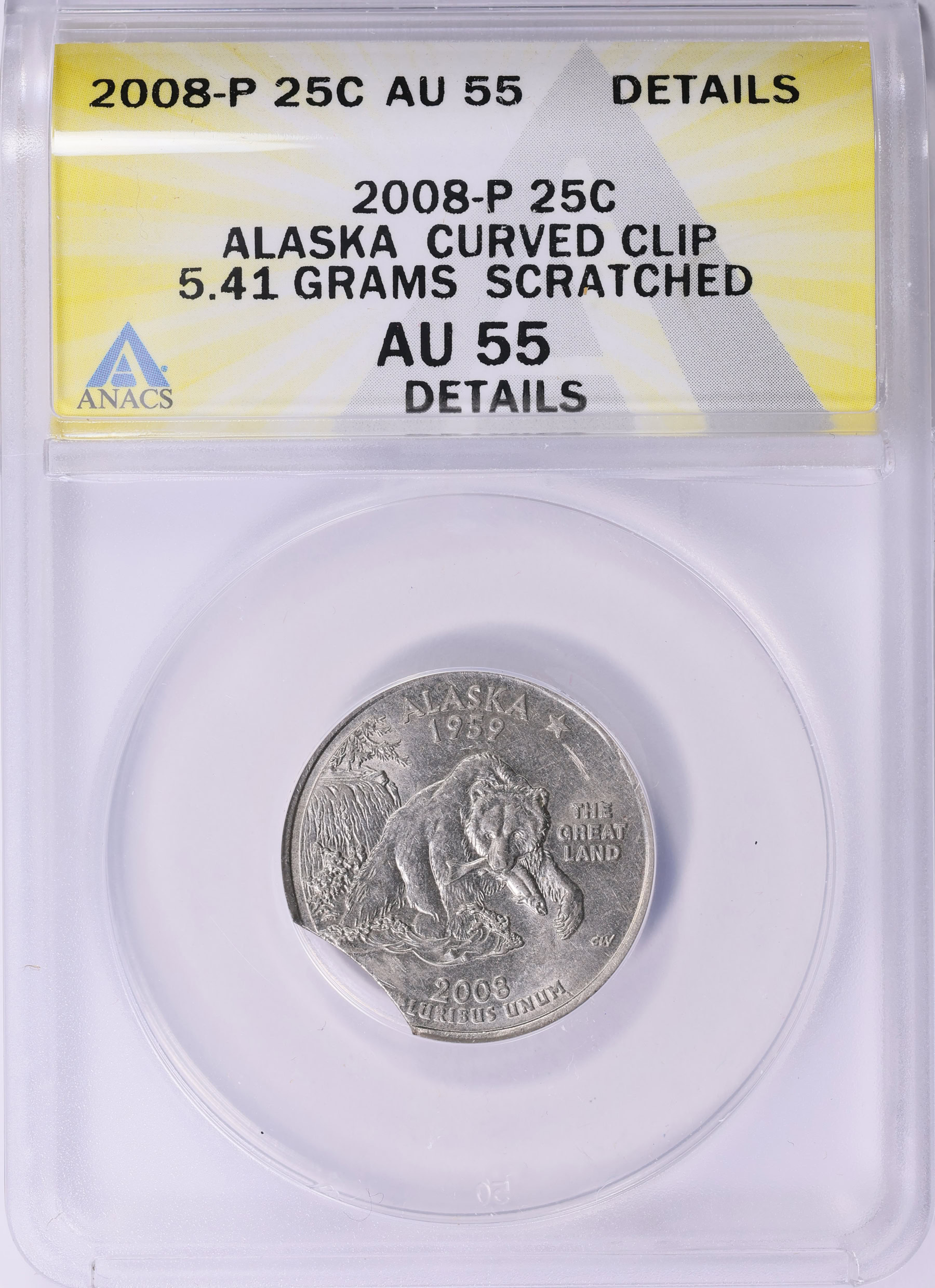 Mint Error 2008-P State Quarter Alaska Curved Clip 5.41 Grams ANACS AU ...