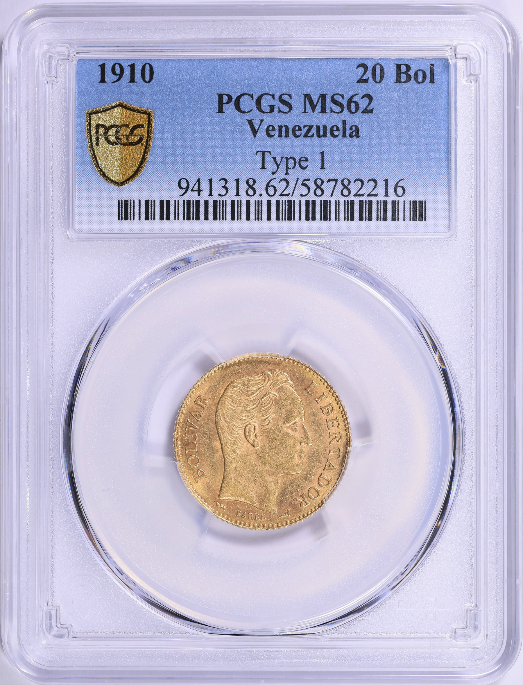 Venezuela 1910 Gold 20 Bolivares Type 1 Y-32 PCGS MS-62 (AGW = 0.1867 ...