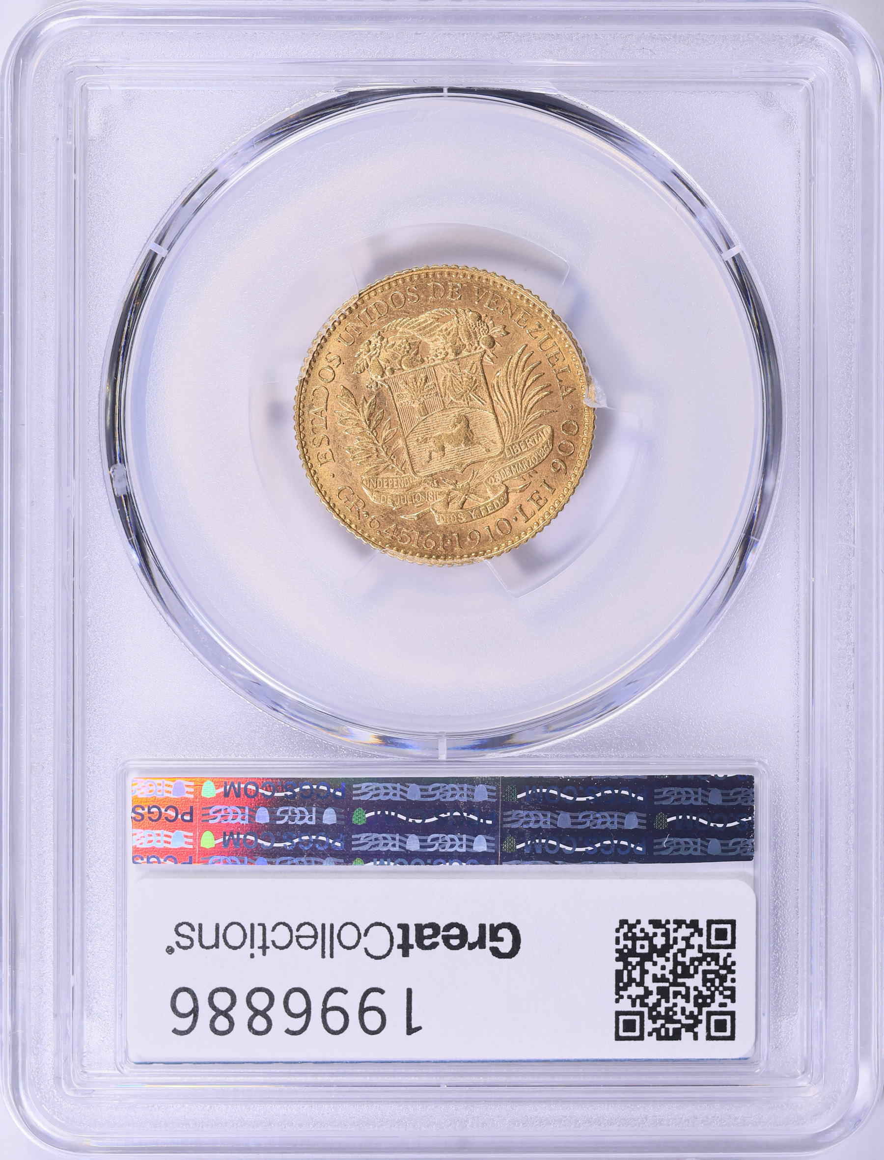 Venezuela 1910 Gold 20 Bolivares Type 1 Y-32 PCGS MS-62 (AGW = 0.1867 ...