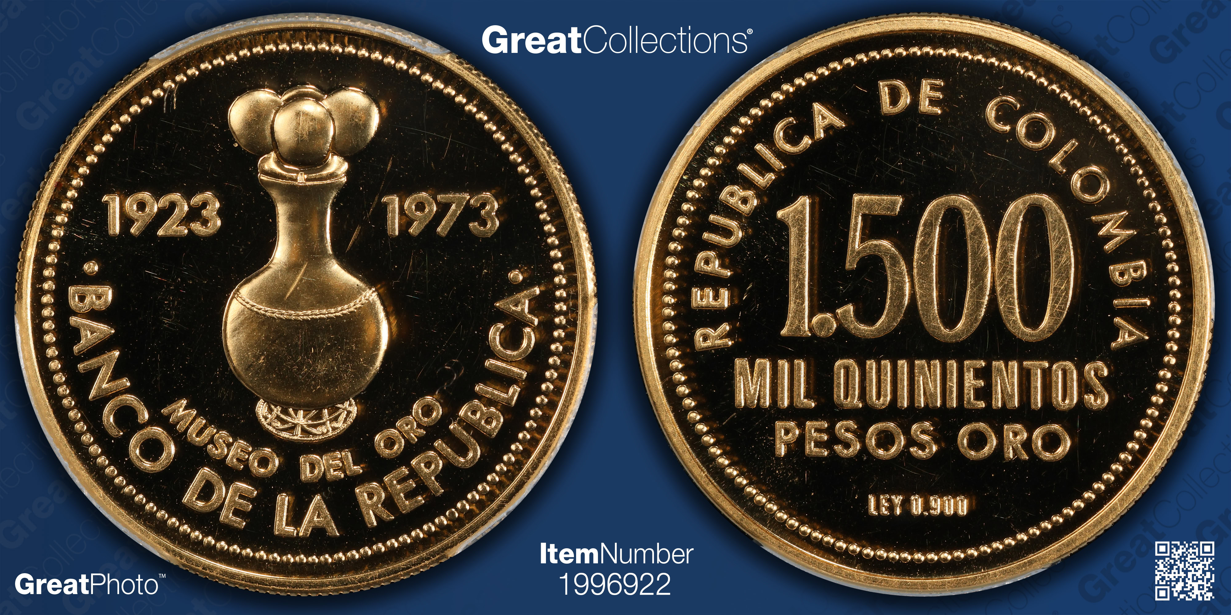 Colombia 1973 Gold 1,500 Pesos Gold Museum of Central Bank 50th ...