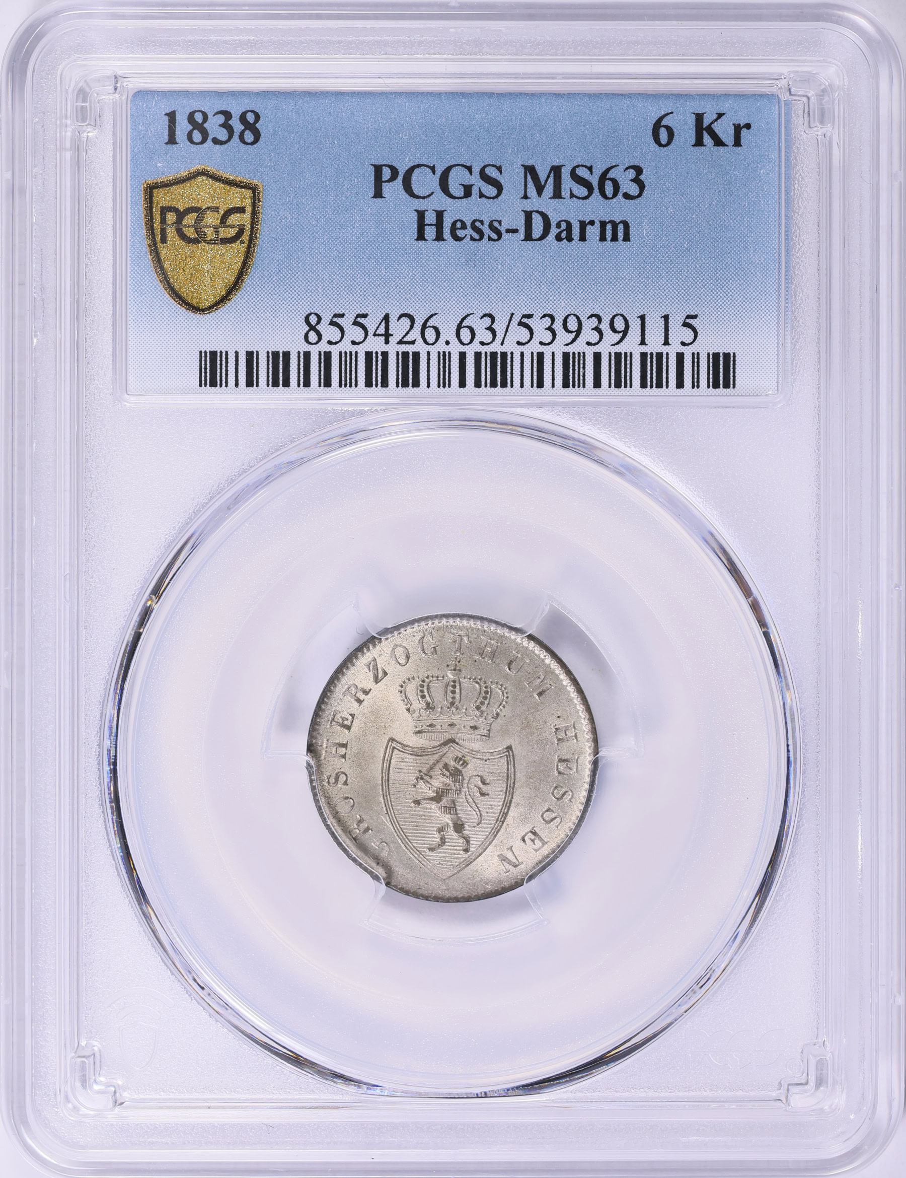 Germany - Hesse-Darmstadt 1838 Silver 6 Kreuzer KM-306 PCGS MS-63 (Item ...
