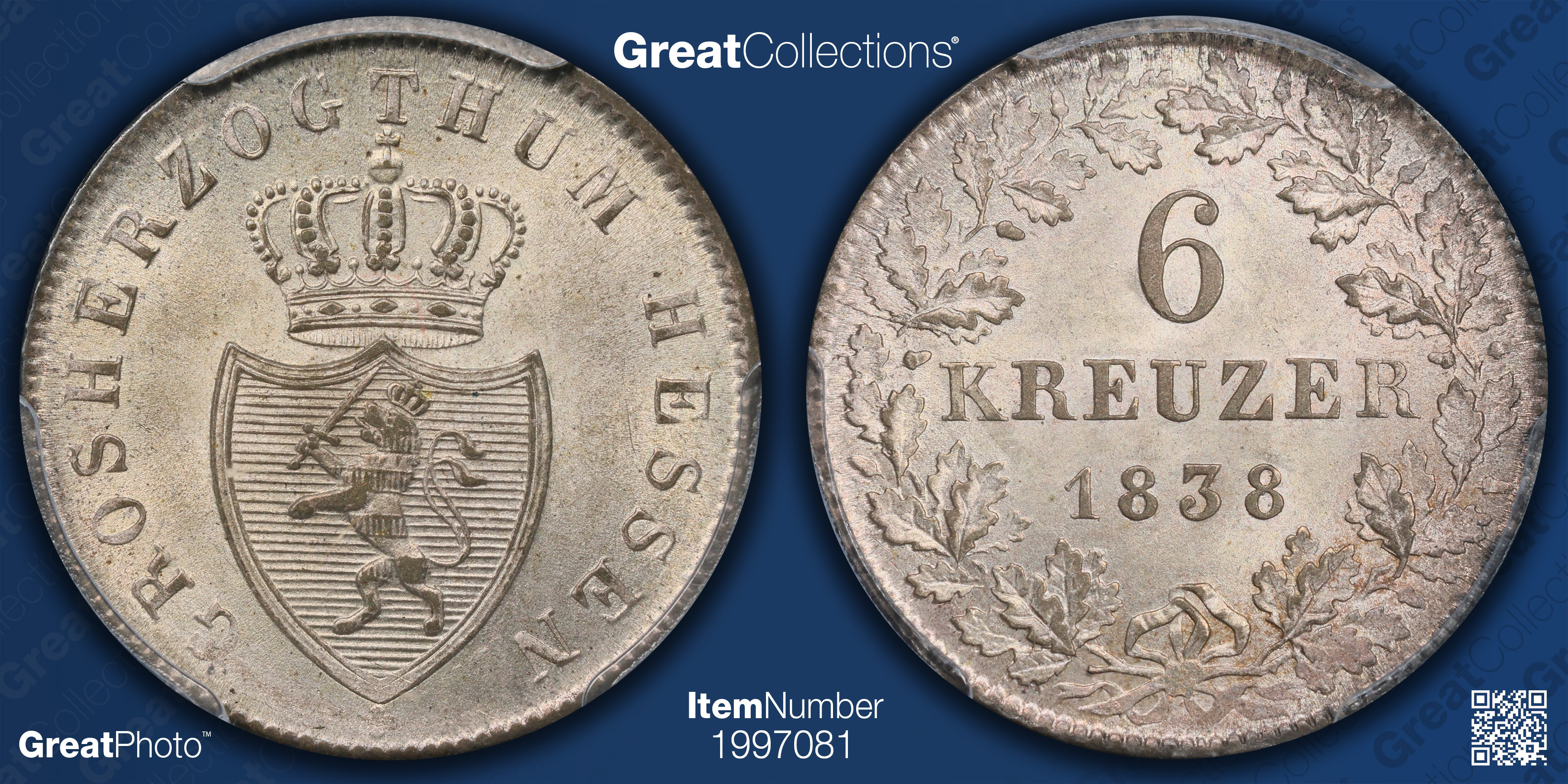 Germany - Hesse-Darmstadt 1838 Silver 6 Kreuzer KM-306 PCGS MS-63 (Item ...