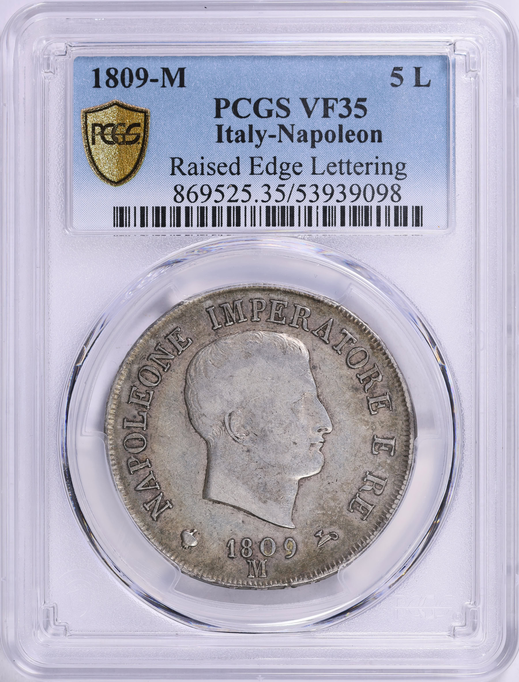 Italy - Kingdom of Napoleon 1809-M Silver 5 Lire Raised Edge Lettering ...