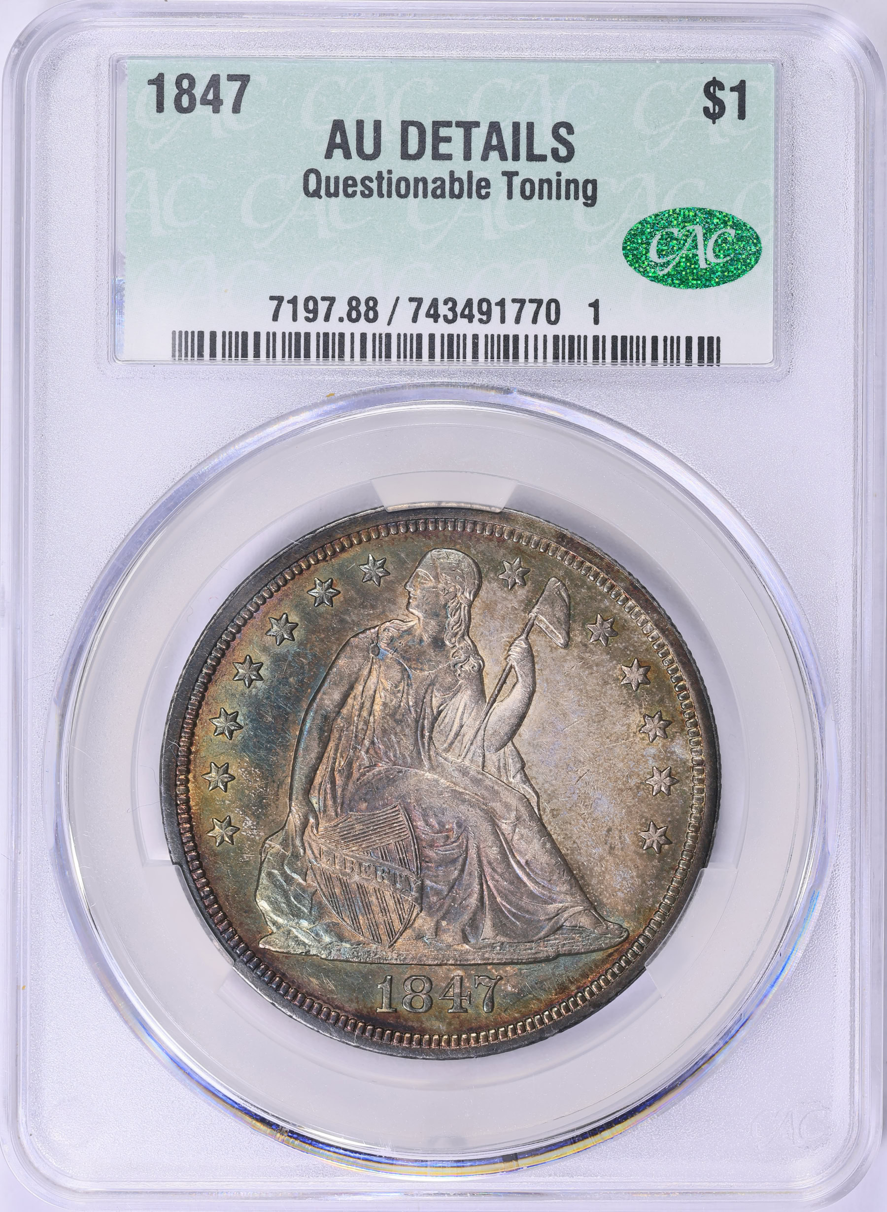 1847 Seated Liberty Silver Dollar CACG AU Details (Art. Toned) (Item ...