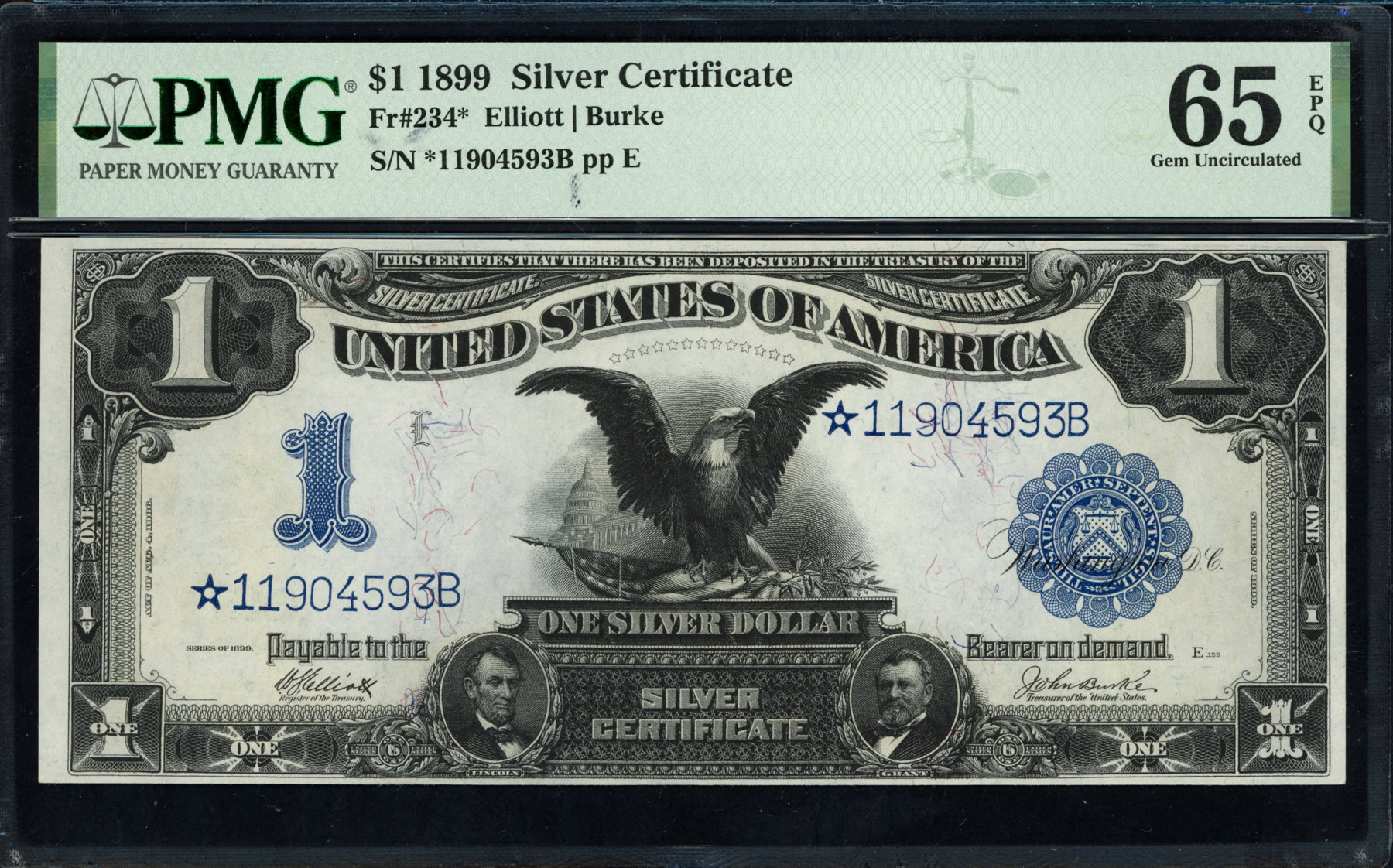 Fr. 234* 1899 $1 Silver Certificate Star Note Elliott / Burke PMG Gem ...