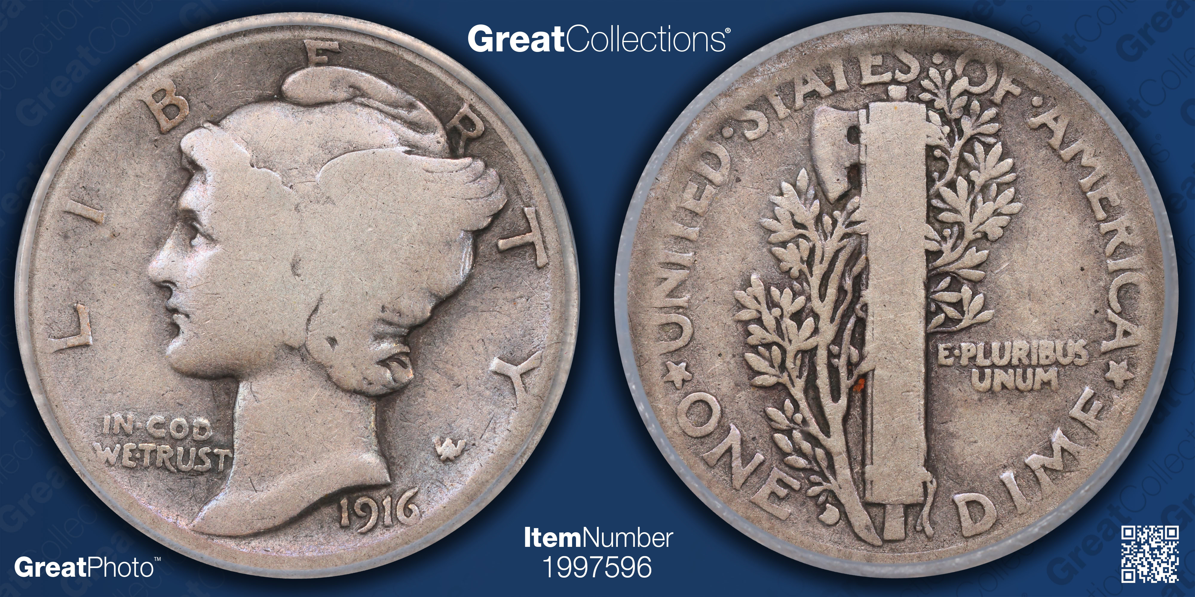 1916-D Mercury Dime ICG G-04 (Item 1997596) | GreatCollections Coin ...