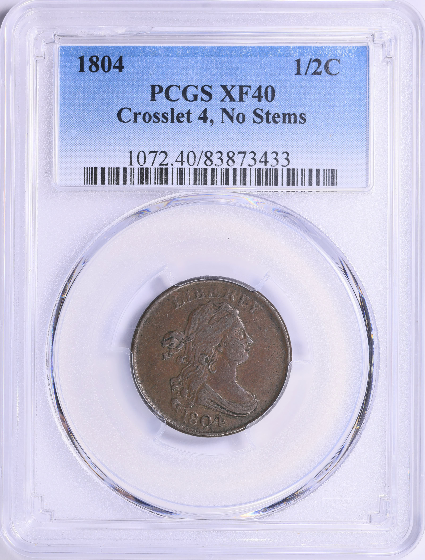 1804 Draped Bust Half Cent Crosslet 4, No Stems PCGS XF-40 BN (Item ...