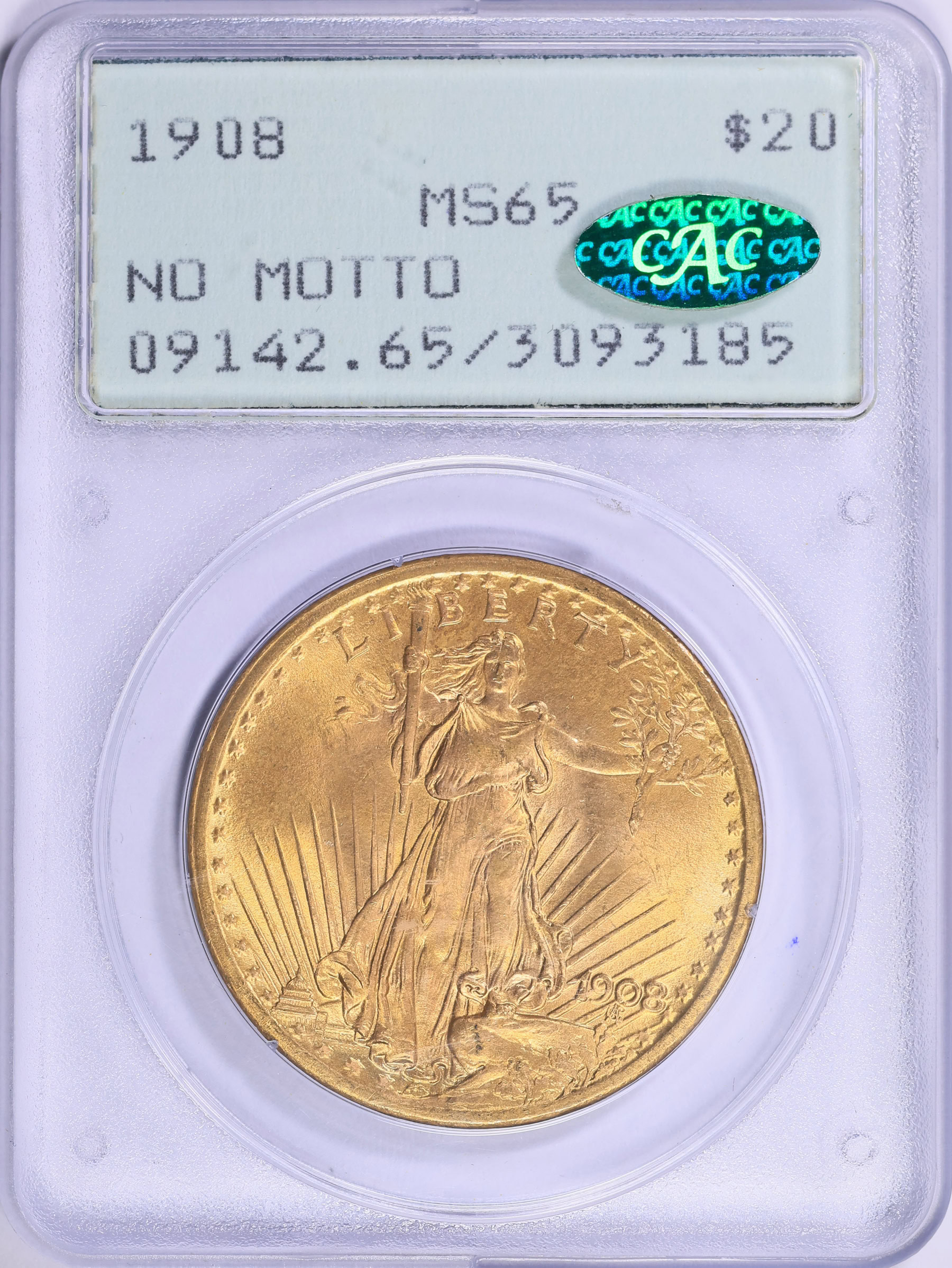 1908 Saint-Gaudens Gold Double Eagle No Motto PCGS MS-65 (CAC Green ...