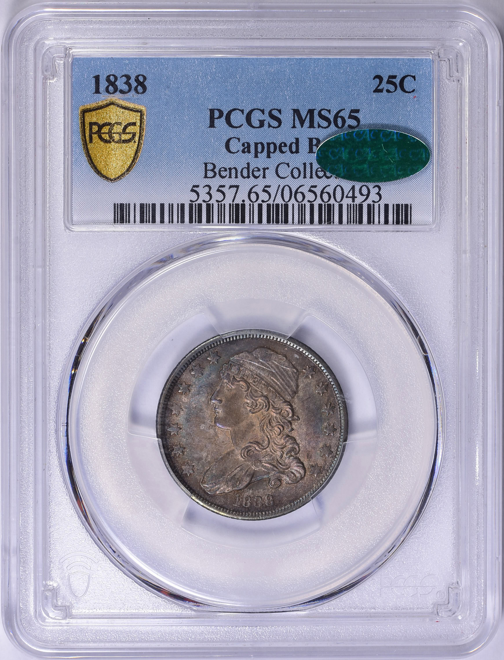 1838 Capped Bust Quarter PCGS MS-65 (CAC Green) (Toned) (Bender ...