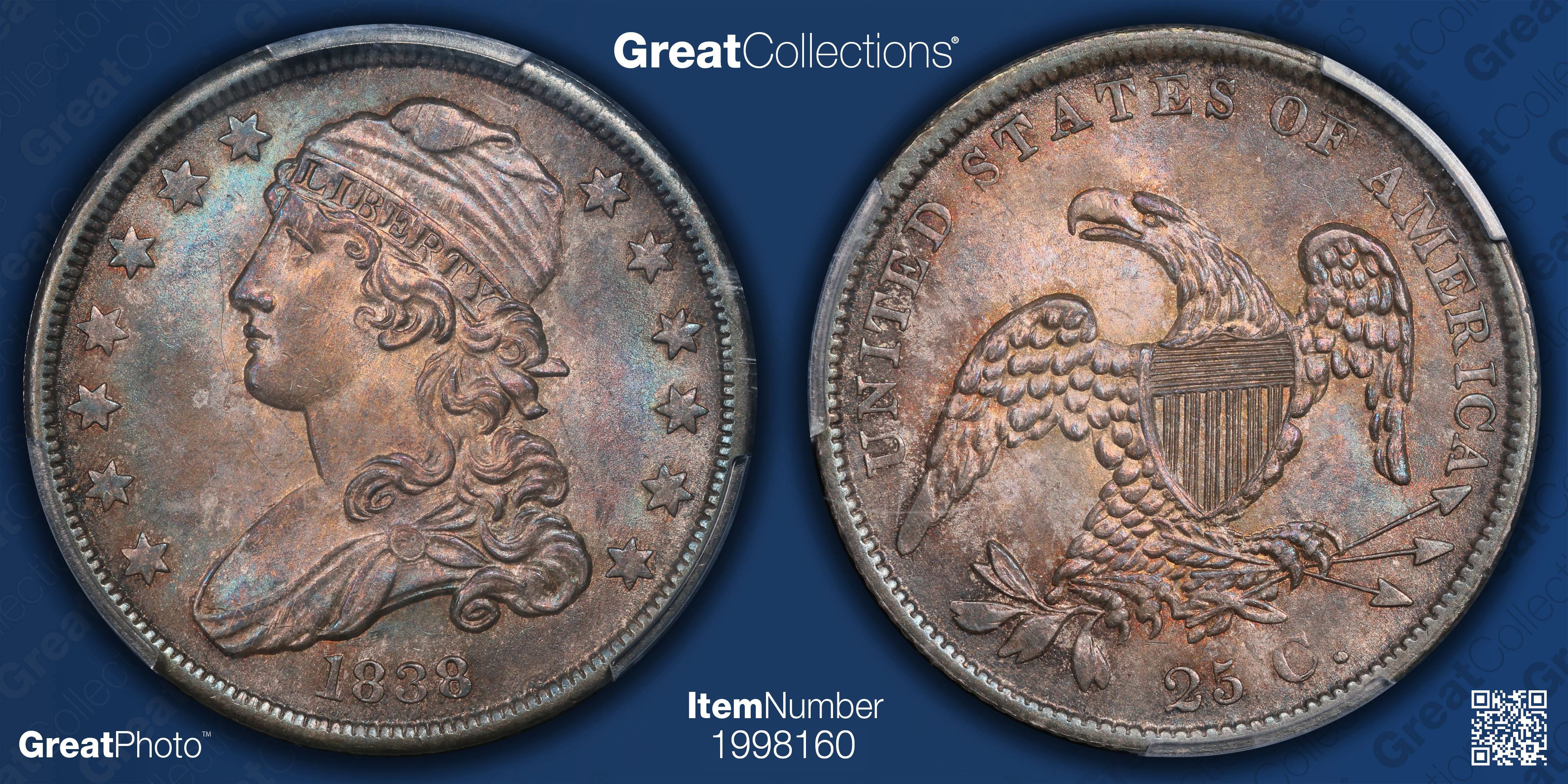 1838 Capped Bust Quarter PCGS MS-65 (CAC Green) (Toned) (Bender ...