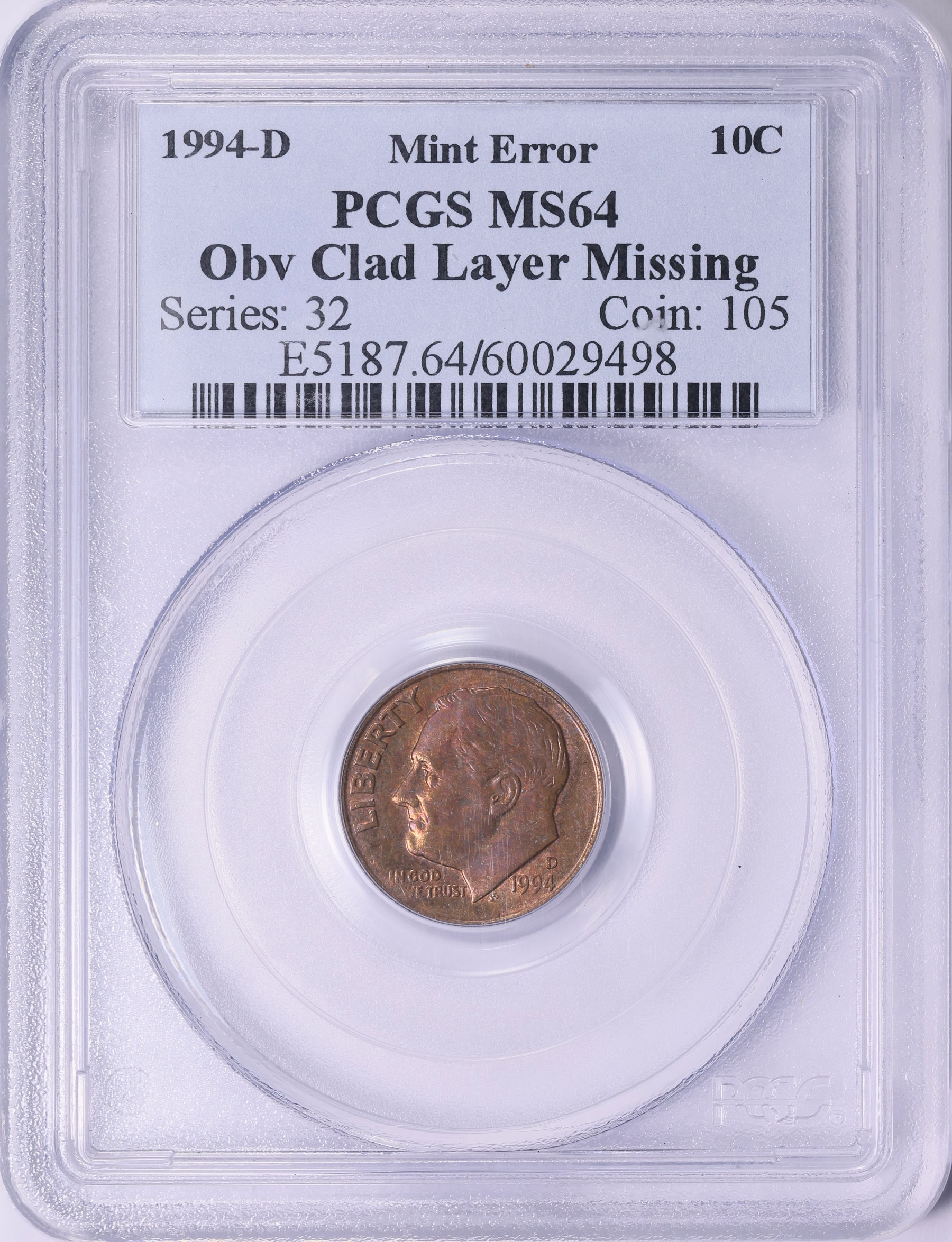 Mint Error 1994-D Roosevelt Dime Obverse Clad Layer Missing PCGS MS-64 ...