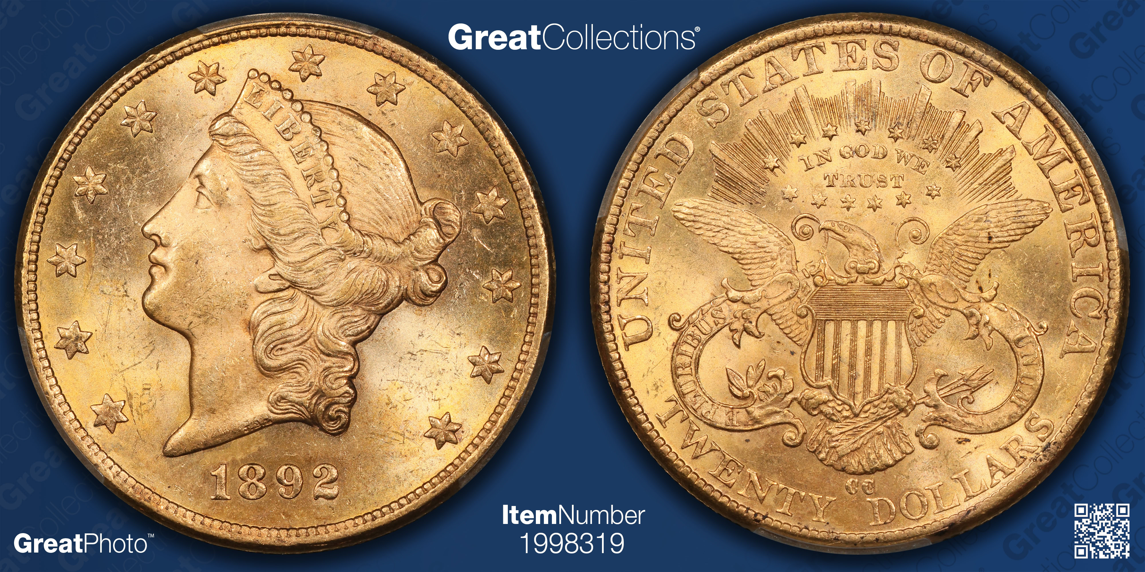 1892-CC Liberty Gold Double Eagle PCGS MS-63+ (CAC Green) (Item 1998319 ...
