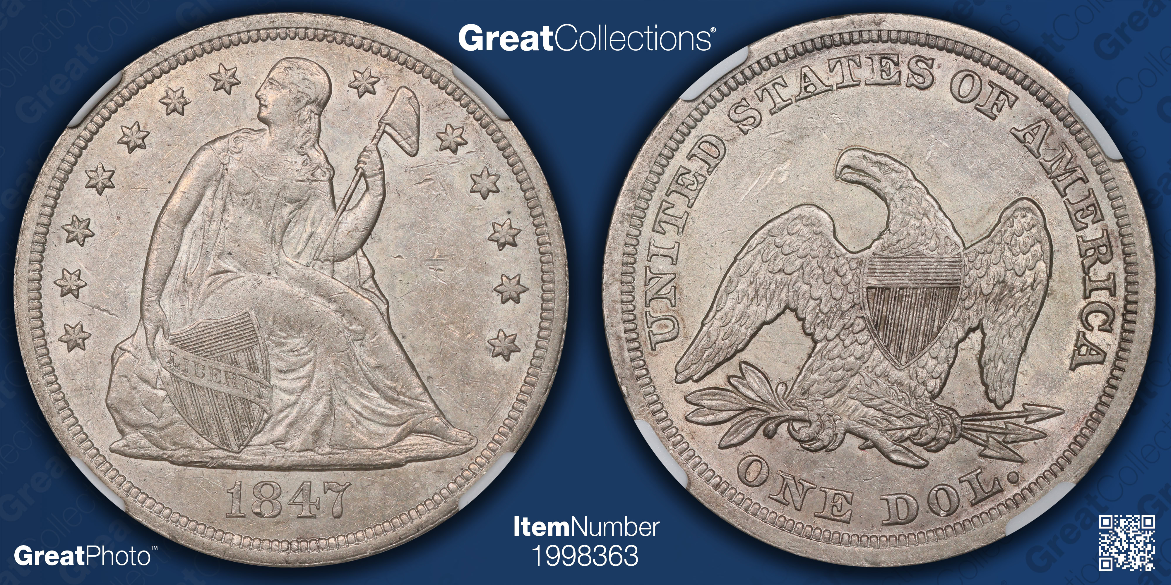 1847 Seated Liberty Silver Dollar NGC AU-53 (Item 1998363 ...