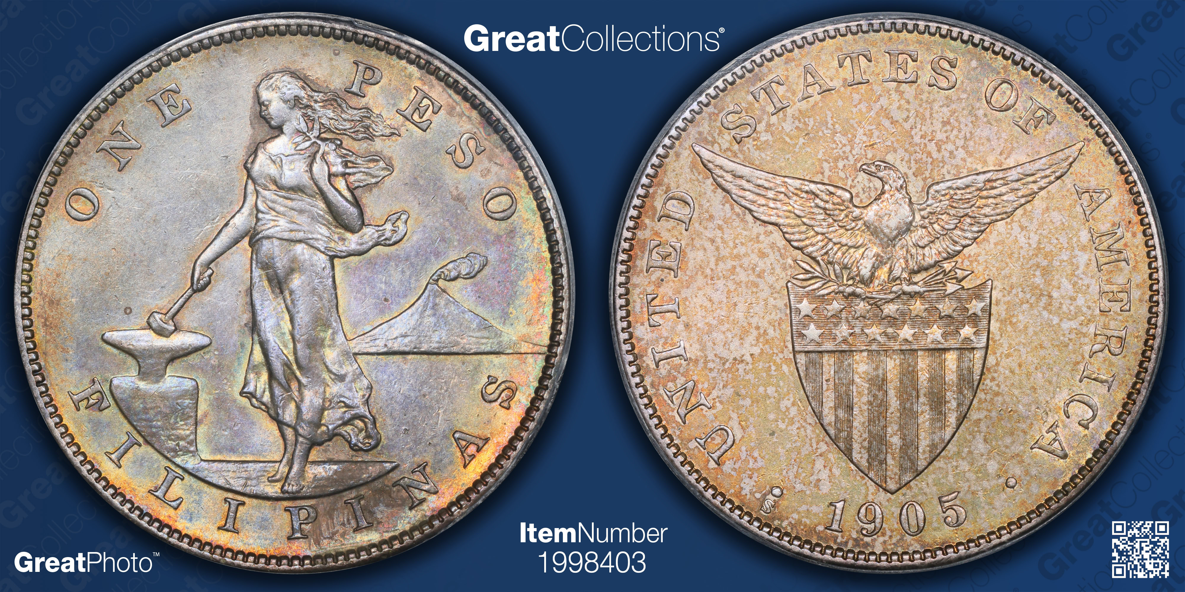 1905-S U.S. Philippines Peso Curved Serif PCGS AU-55 (Item 1998403 ...