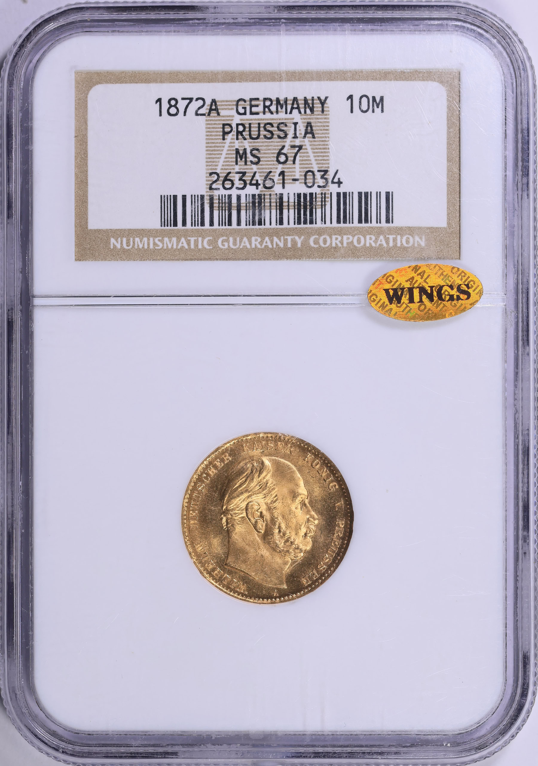 Germany - Prussia 1872-A Gold 10 Marks KM-502 NGC MS-67 (AGW = 0.1152 ...