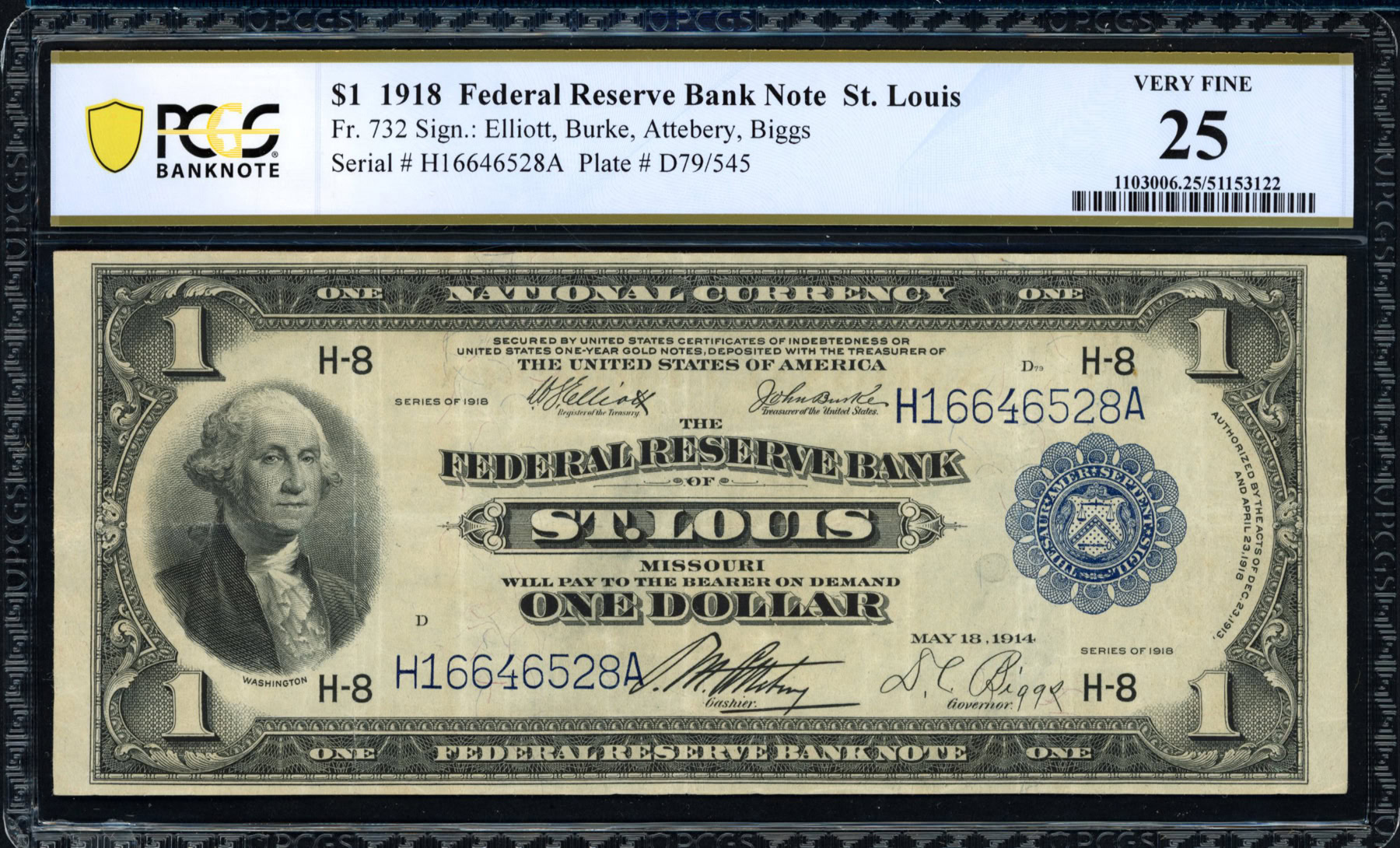 Fr. 732 1918 $1 St. Louis Federal Reserve Bank Note Elliott / Burke ...