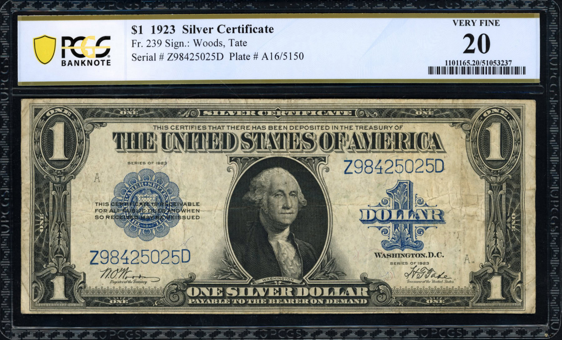 Fr. 239 1923 $1 Silver Certificate Note Woods / Tate PCGS Banknote Very ...
