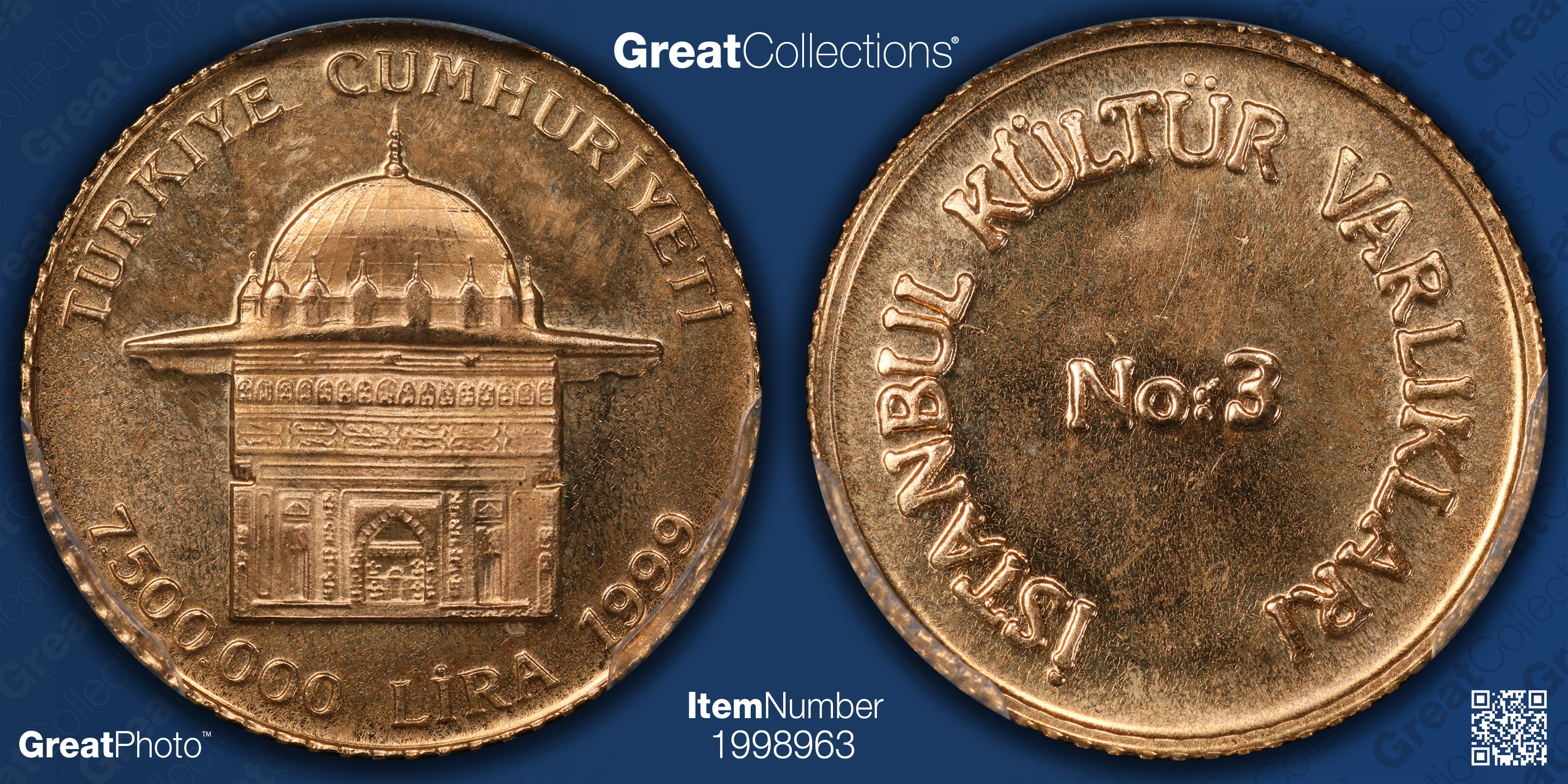 Turkey 1999 Gold 7,500,000 Lira Istanbul Culture, Tophane Cesmesi PCGS ...