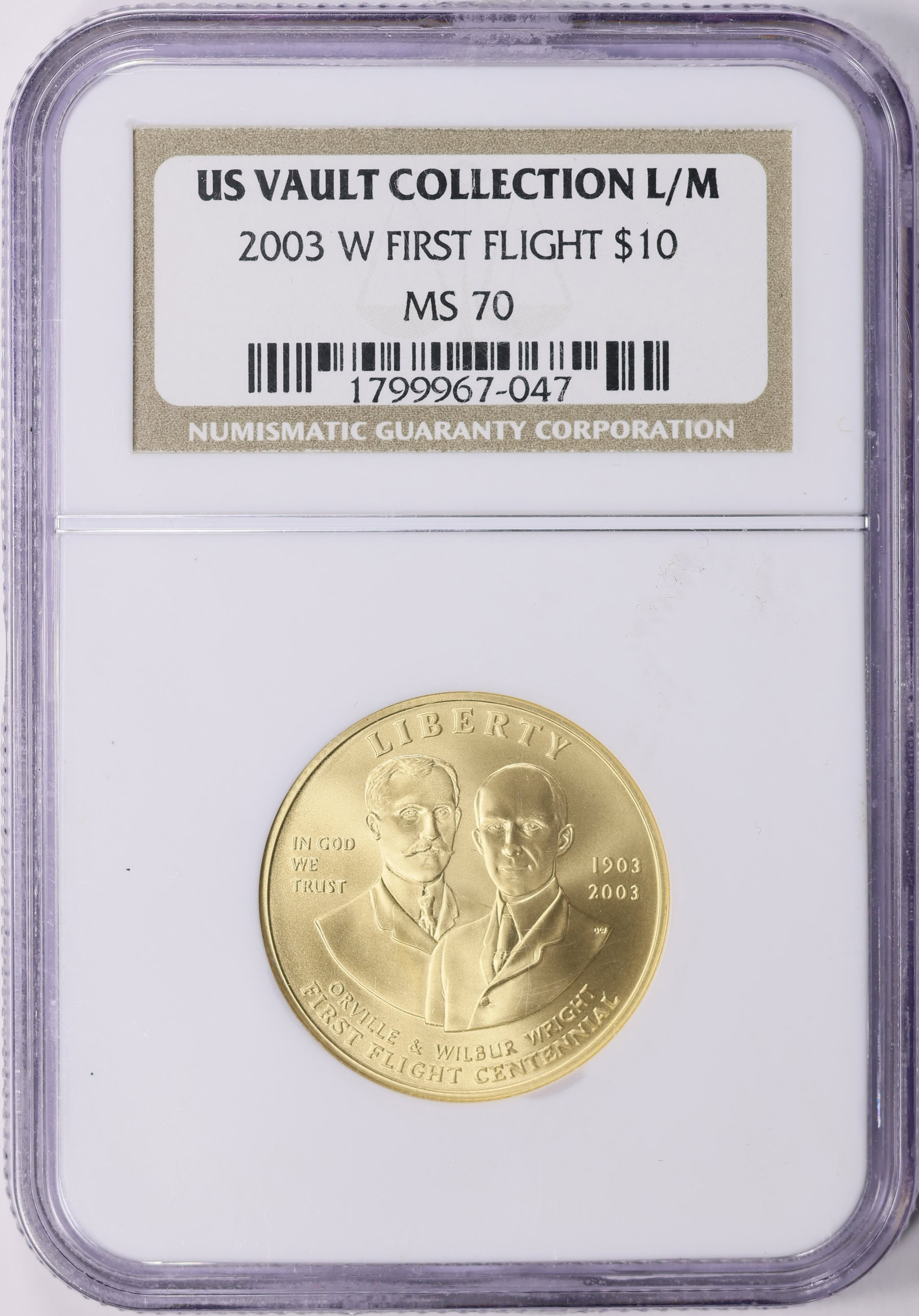 2003-W First Flight Centennial Gold $10 NGC MS-70 (US Vault Collection ...
