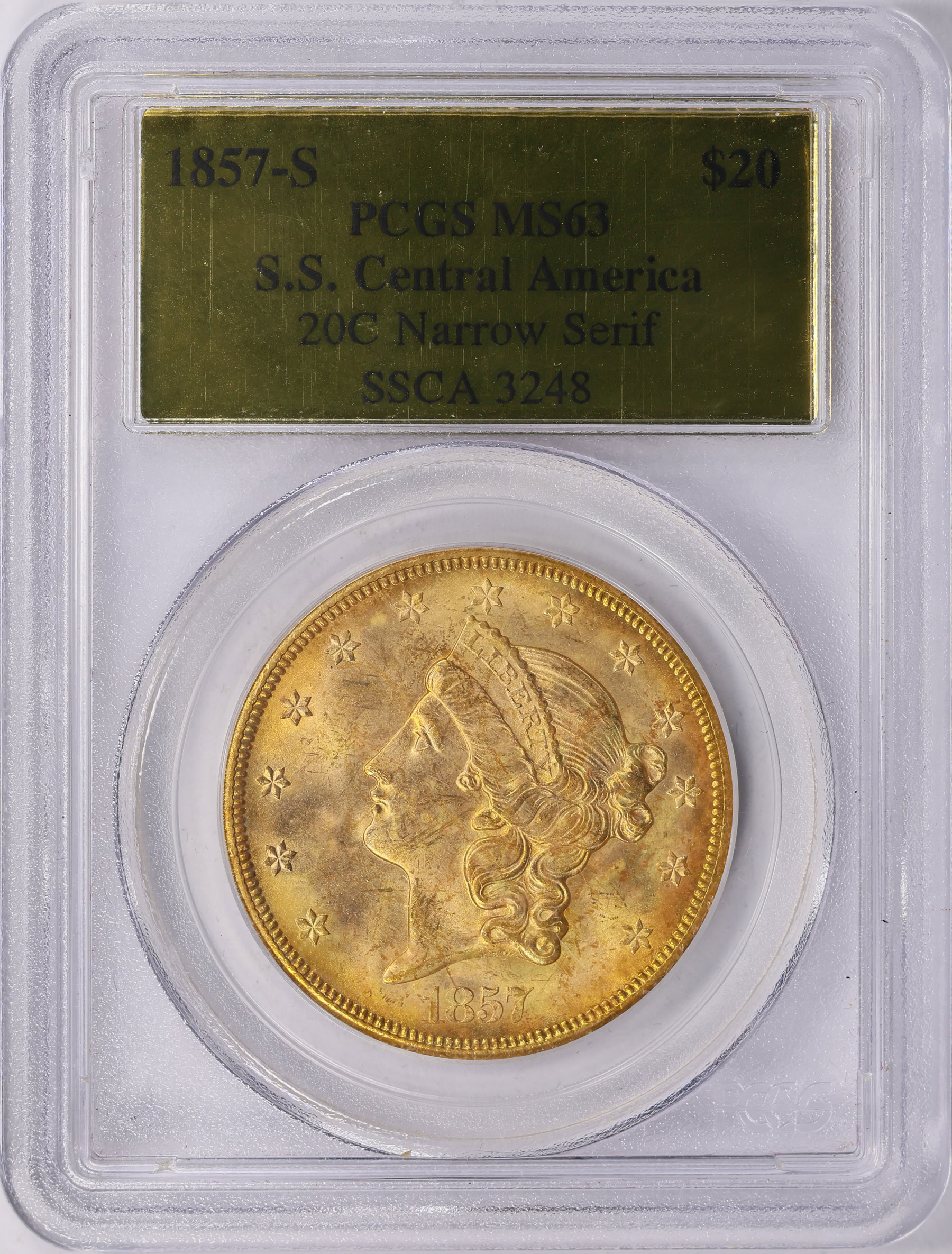 1857-S Liberty Gold Double Eagle 20C Narrow Serif Shipwreck S.S ...