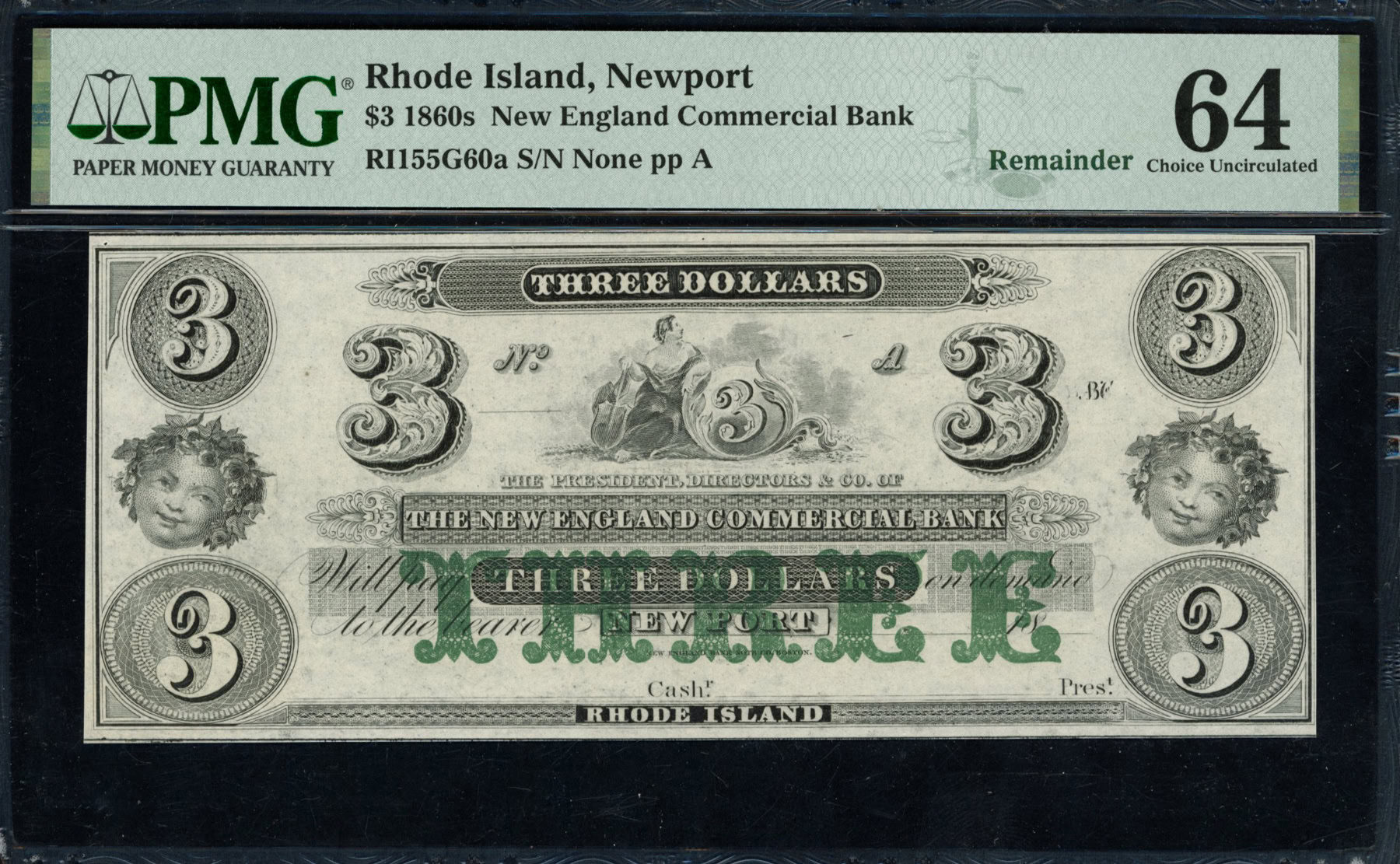 1860s Newport, Rhode Island New England Commercial Bank $3 Remainder ...