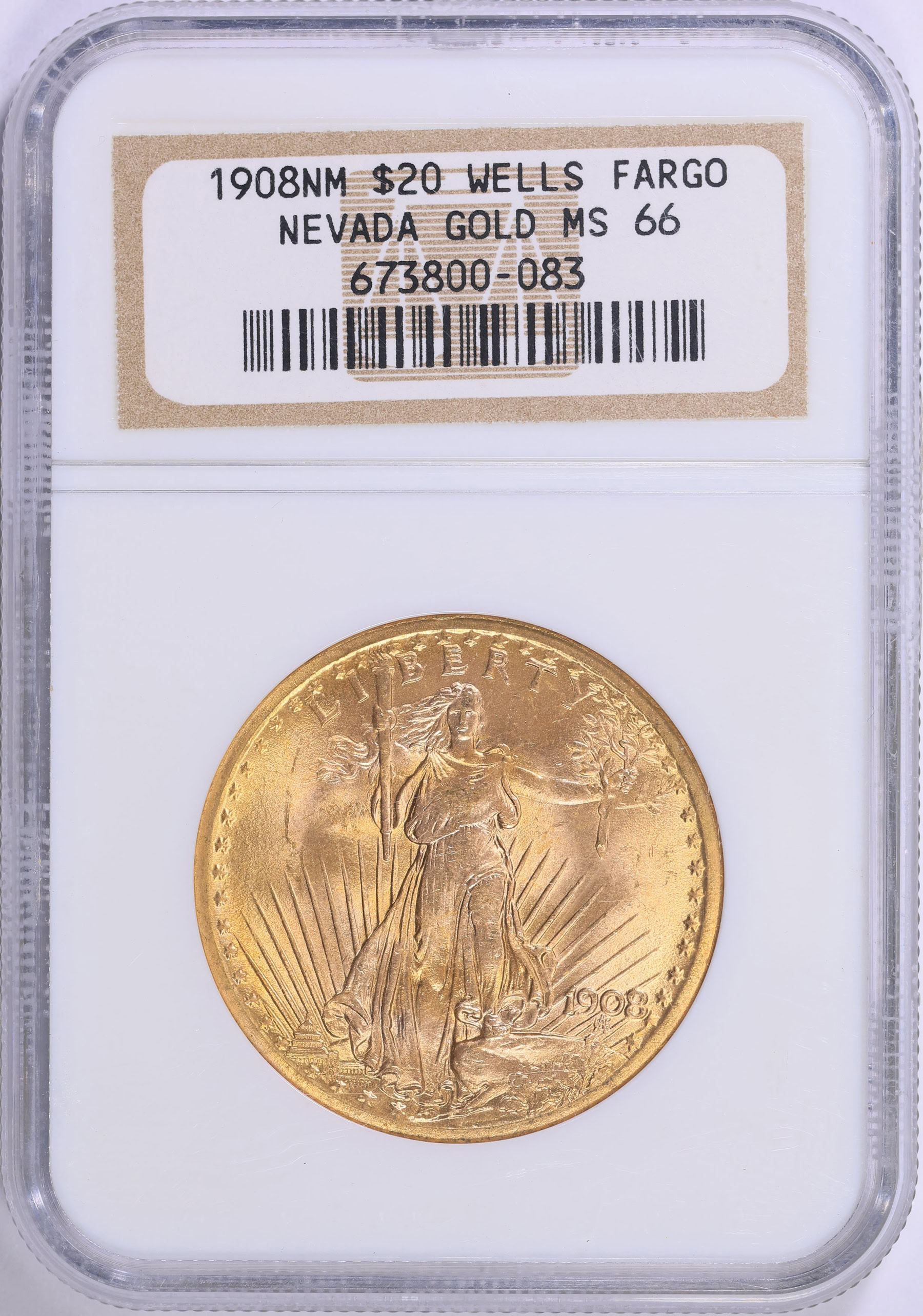 1908 Saint-Gaudens Gold Double Eagle No Motto Wells Fargo Nevada Gold ...