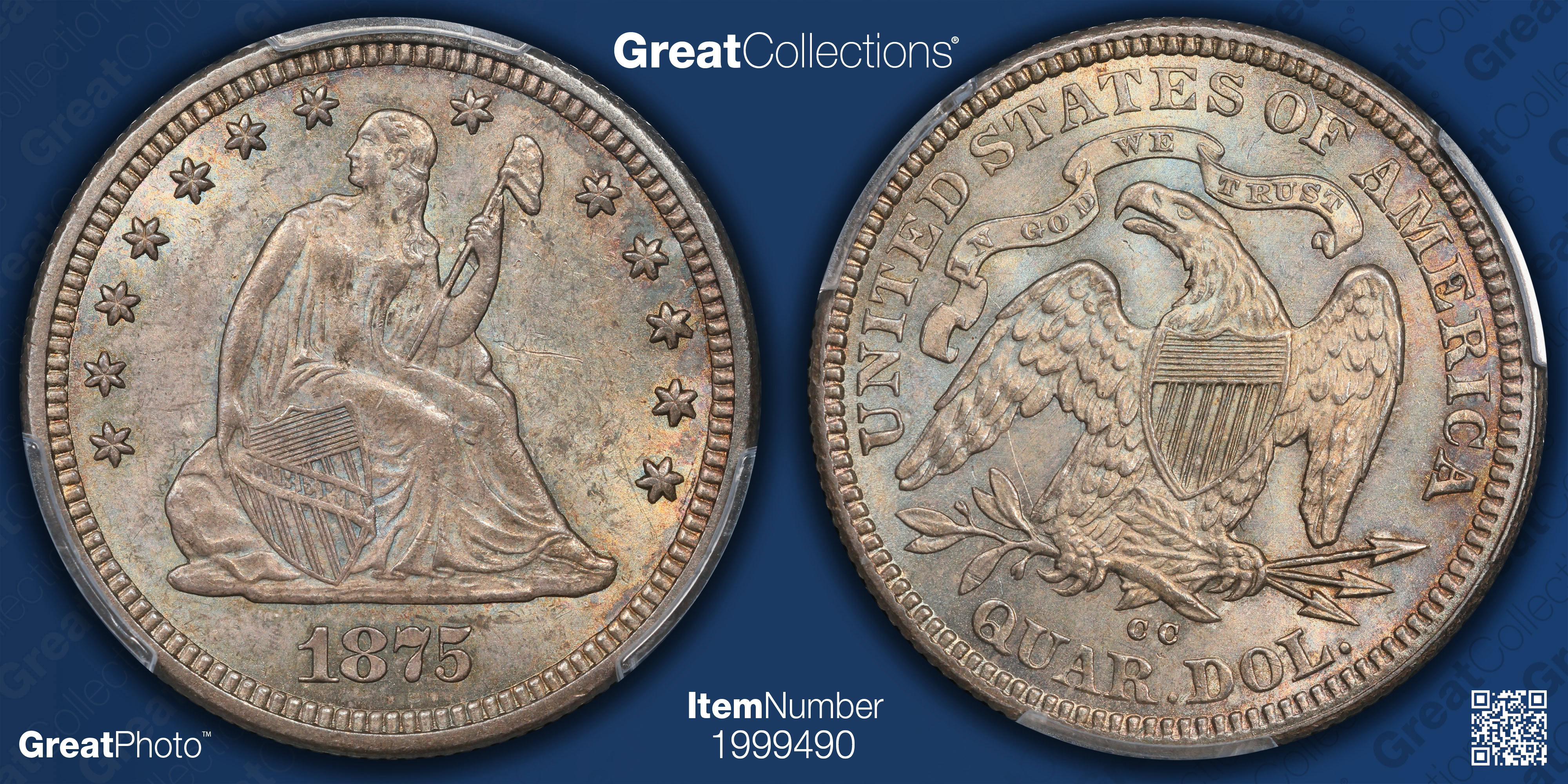 1875-CC Seated Liberty Quarter PCGS MS-63 (CAC Green) (Toned) (Item ...