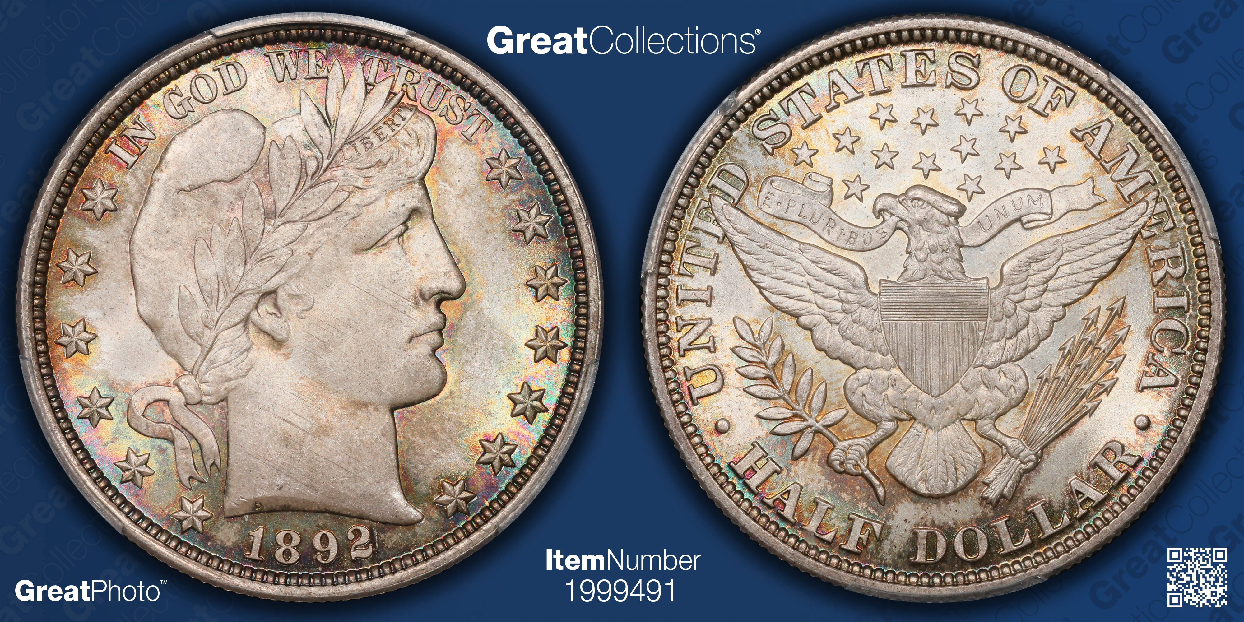 1892 Barber Half Dollar PCGS MS-67+ (CAC Green) (Toned) (Item 1999491 ...