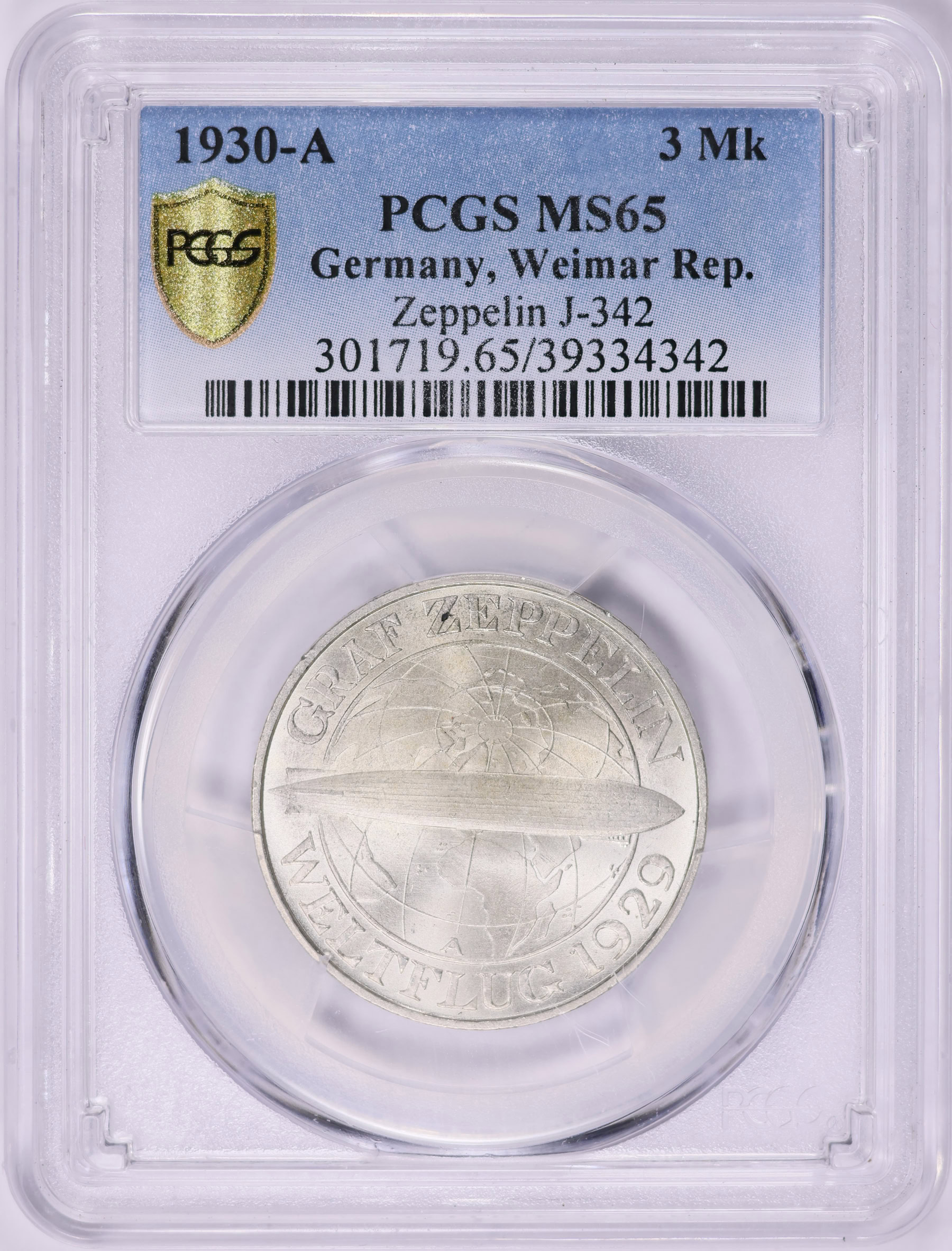 Germany 1930-A Silver 3 Marks Zeppelin KM-67 PCGS MS-65 (Item 1999615 ...