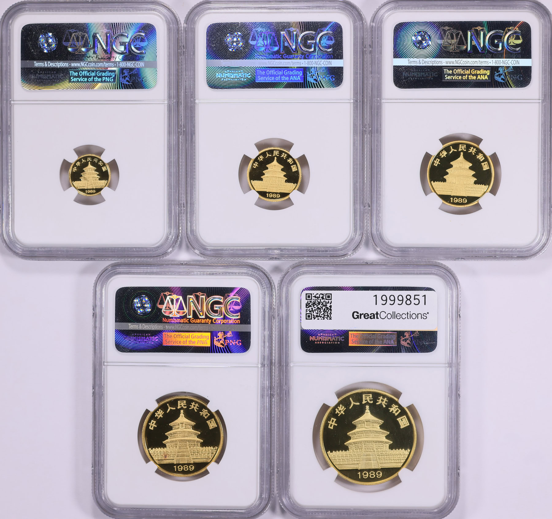 China 1989-P Gold 5Y, 10Y, 25Y, 50Y and 100Y Panda Proof Set NGC Proof ...