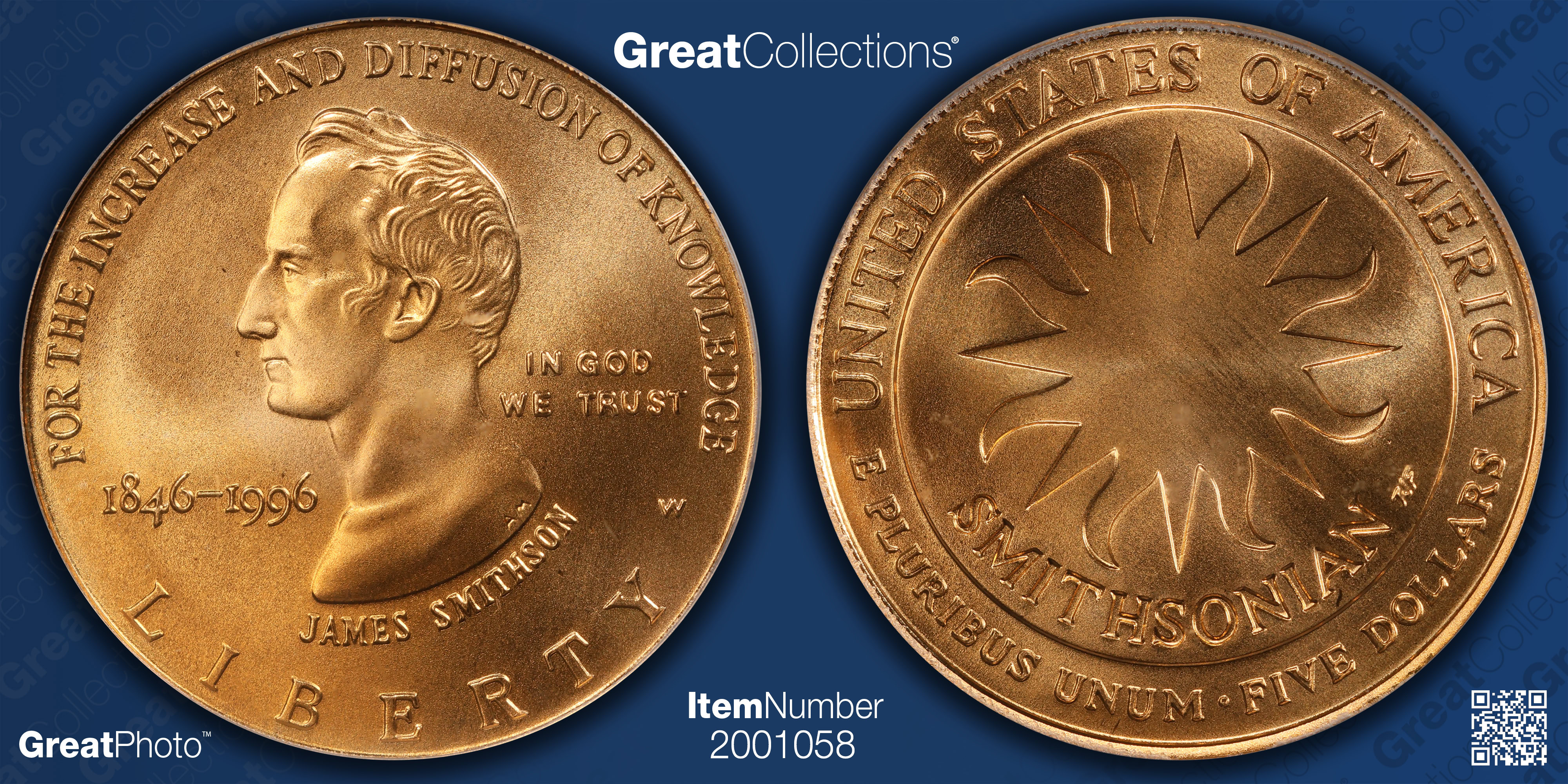 1996-W Smithsonian Institution 150th Anniversary Gold $5 PCGS MS-70 ...