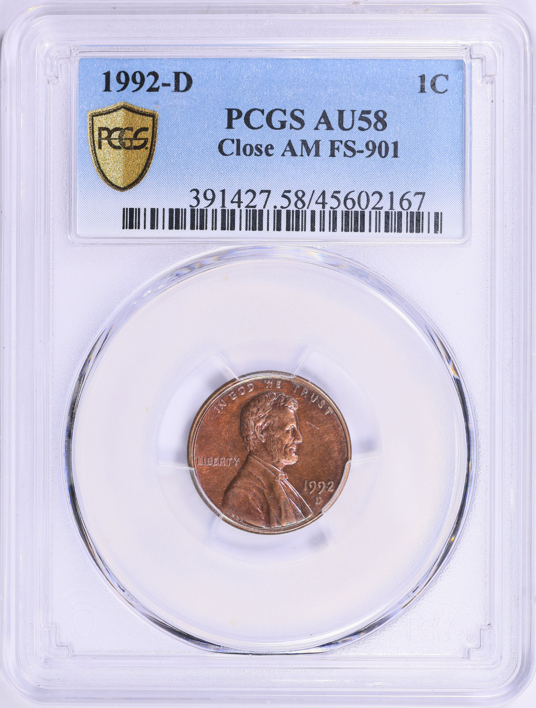 1992-D Lincoln Cent Close AM FS-901 PCGS AU-58 BN (Toned) (Item 2001076 ...
