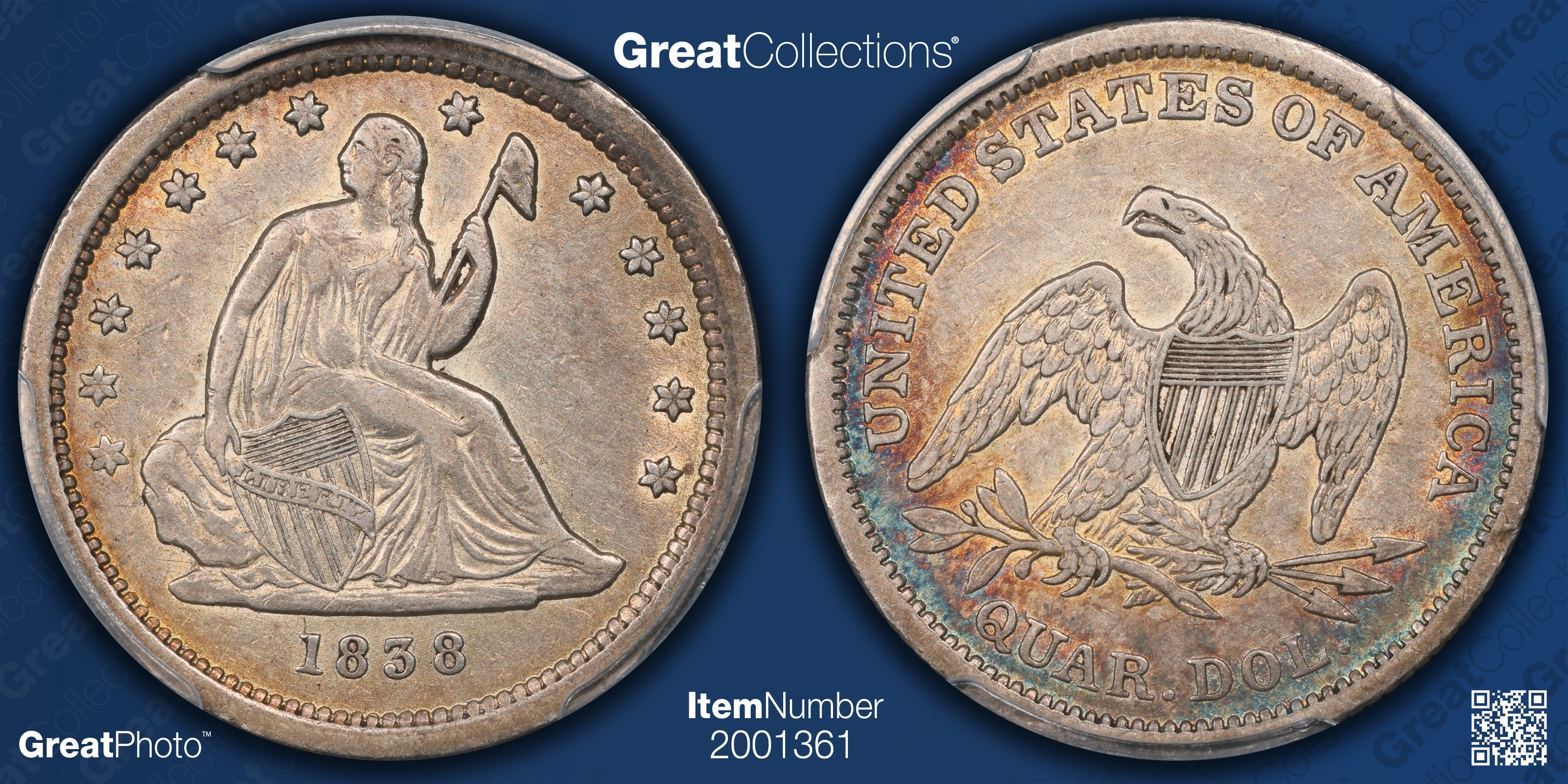 1838 Seated Liberty Quarter No Drapery Open Claw, Briggs 1-A PCGS XF-45 ...