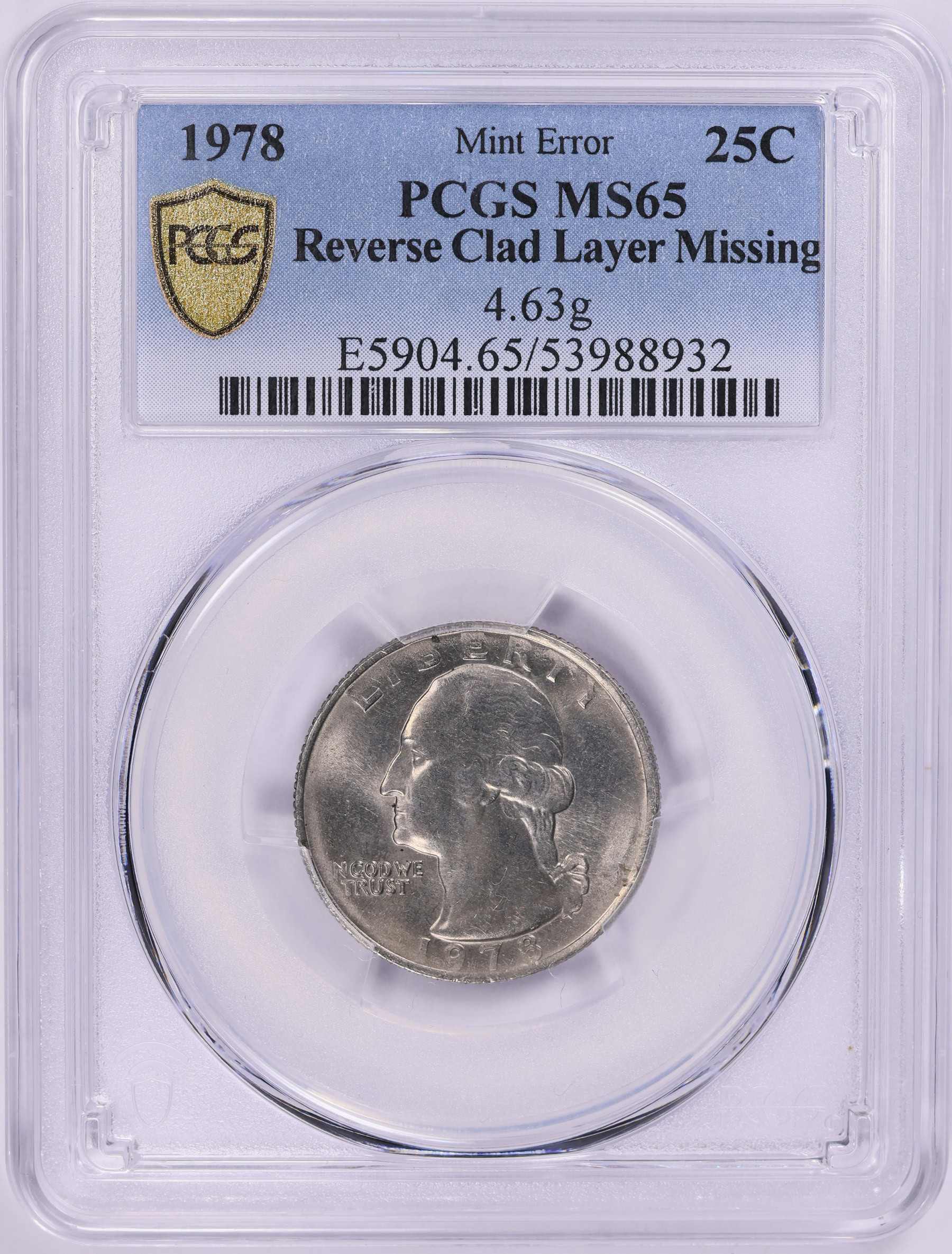 Mint Error 1978 Washington Quarter Reverse Clad Layer Missing 4.63g PCGS MS-65 | PCGS Cert ...