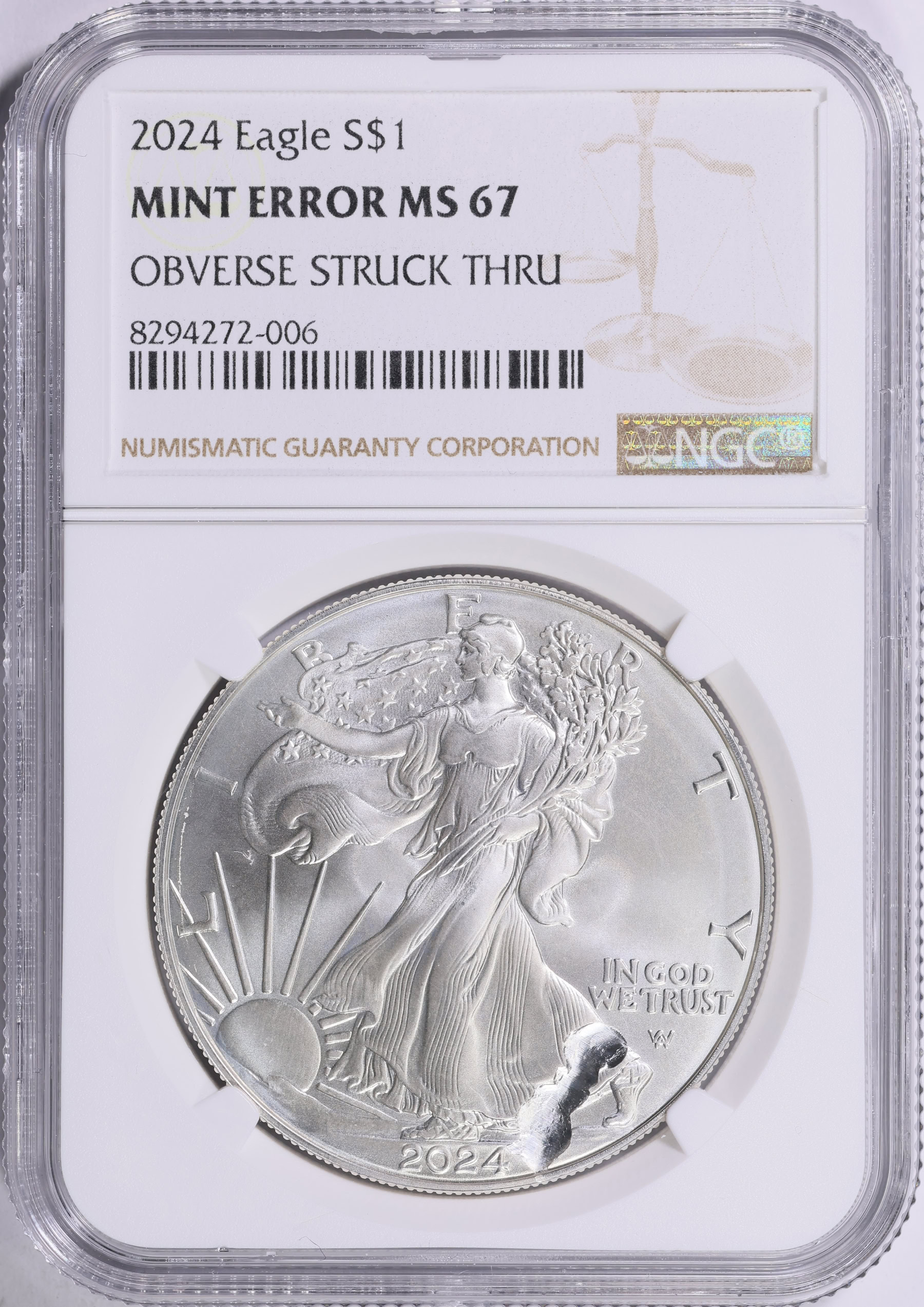 Mint Error 2024 $1 Silver Eagle Obverse Struck Through NGC MS-67 | NGC ...