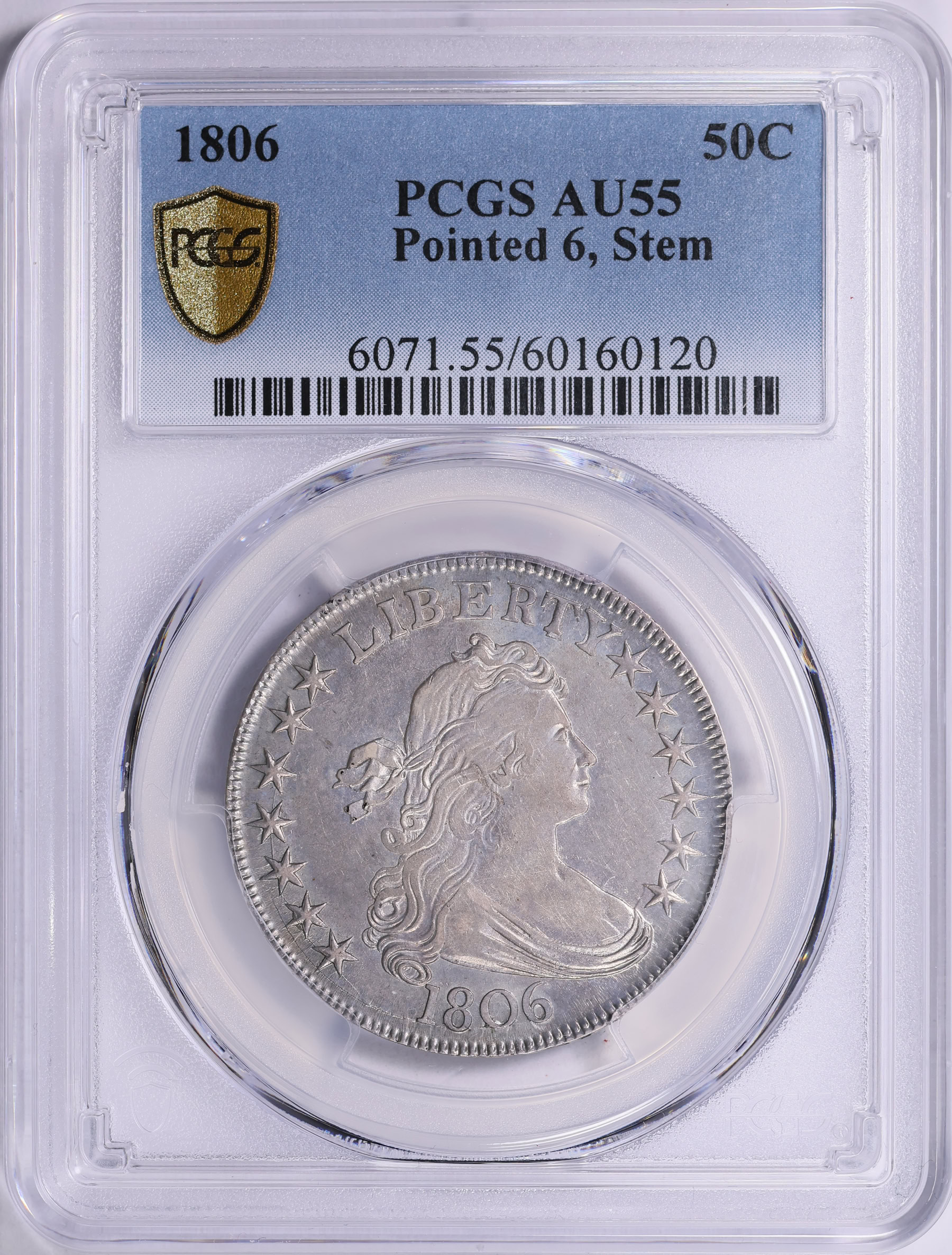 1806 Draped Bust Half Dollar Pointed 6, Stem Through Claw PCGS AU-55 ...