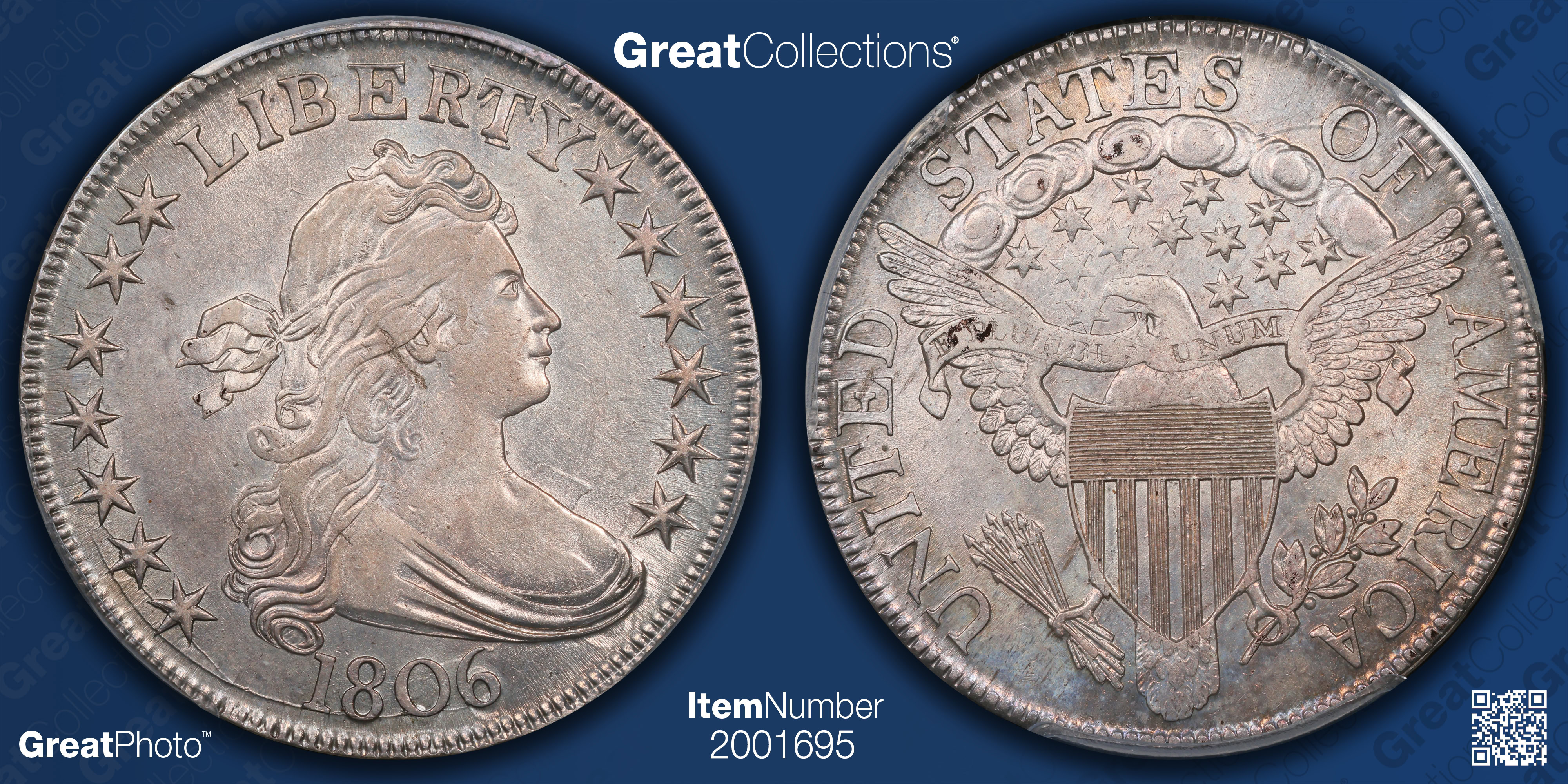1806 Draped Bust Half Dollar Pointed 6, Stem Through Claw PCGS AU-55 ...