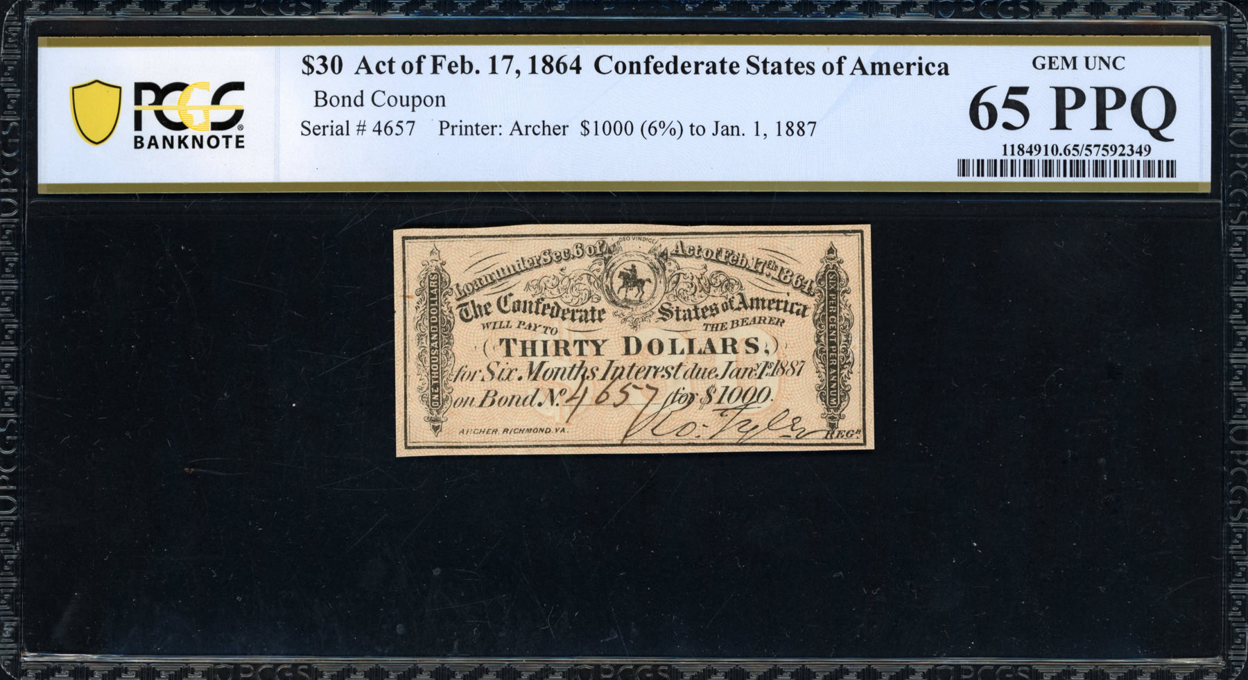1864 Confederate States of America $30 Bond Coupon Bond for $1,000 Due ...
