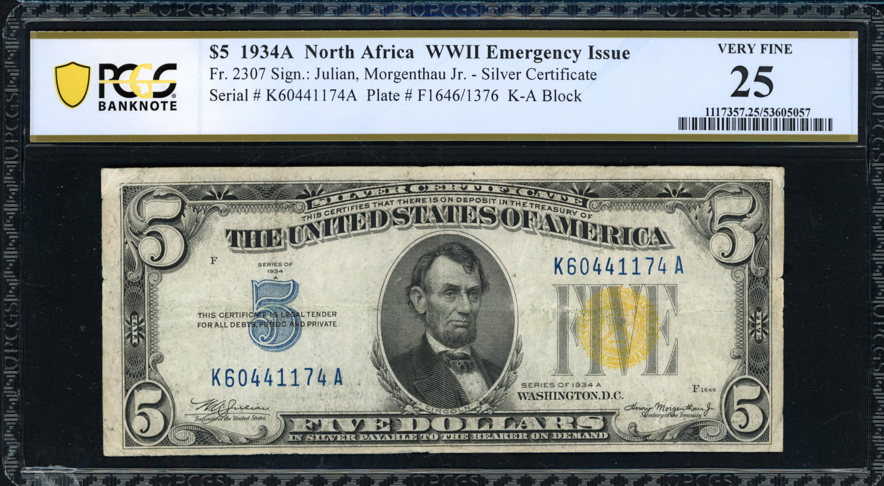 Fr. 2307 (KA Block) 1934A $5 N. Africa WWII Emergency Issue Note Julian ...
