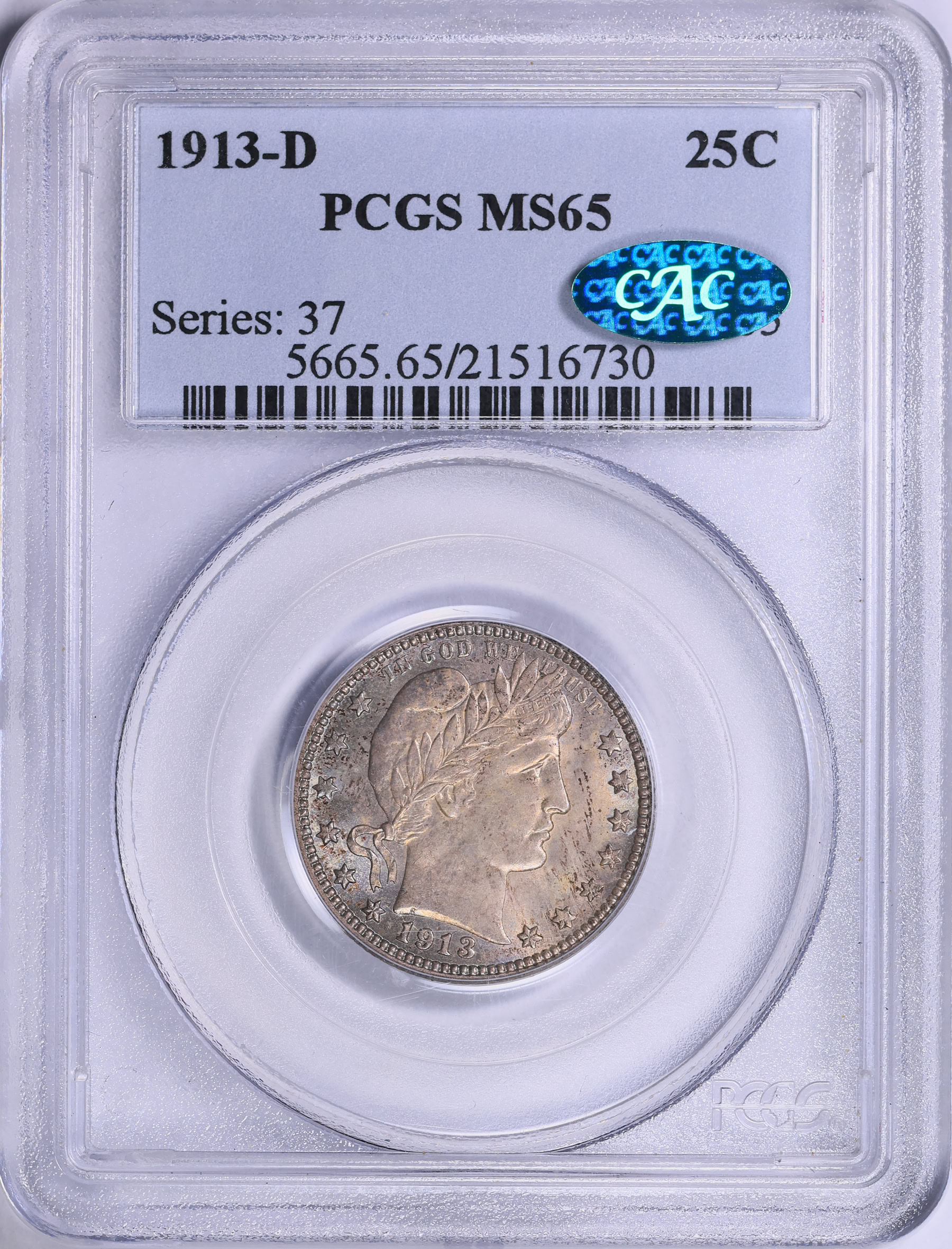 1913-D Barber Quarter PCGS MS-65 (CAC Green) (Toned) (Item 2002202 ...