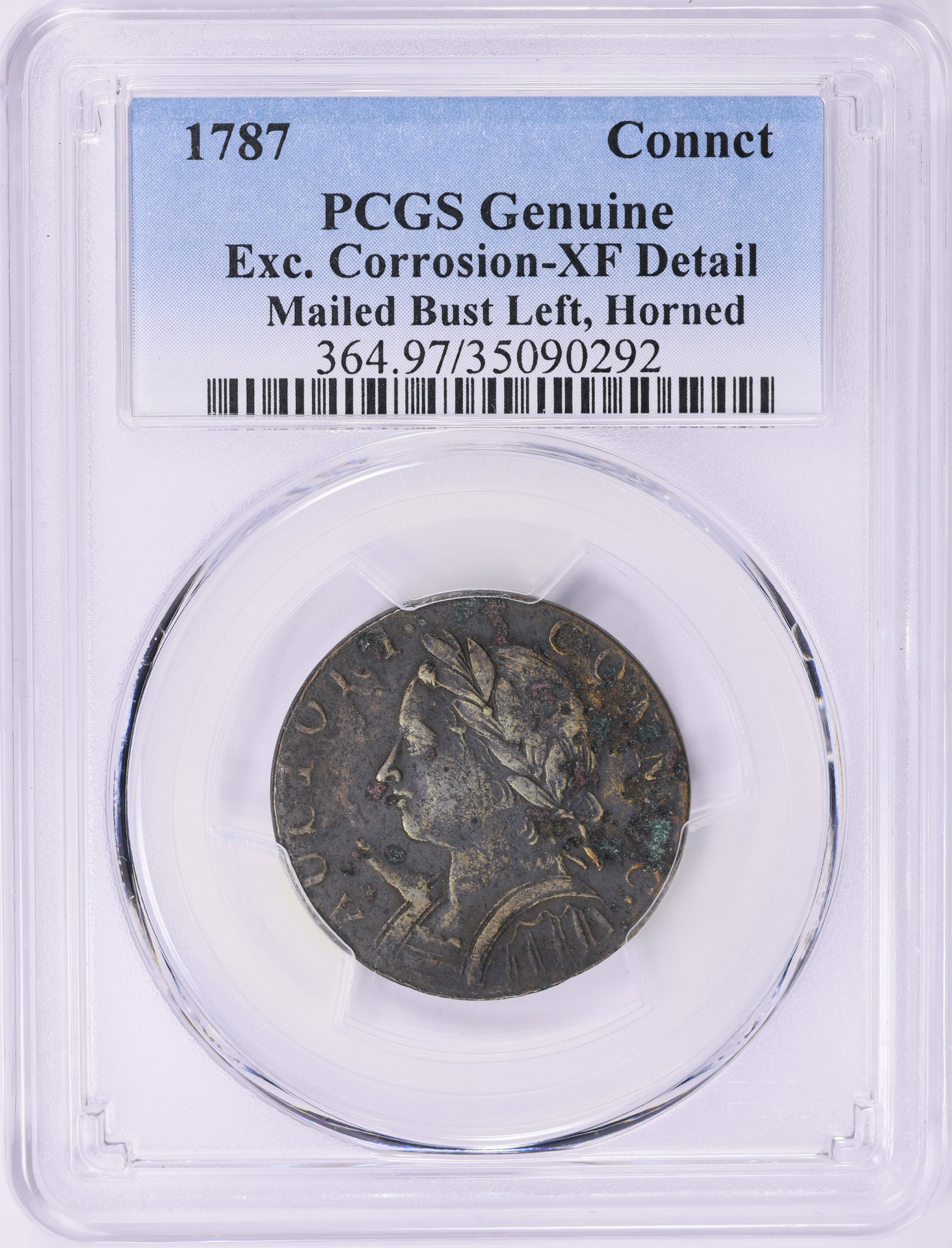 1787 Connecticut Copper Mailed Bust Left, Horned PCGS Genuine XF ...